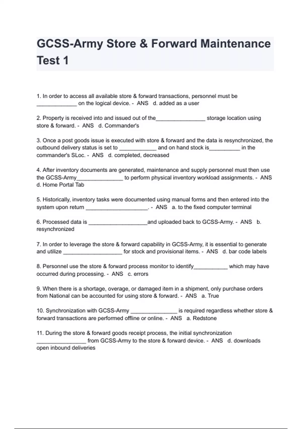 GCSS-Army Store & Forward Maintenance Test 1 Questions And Answers ...