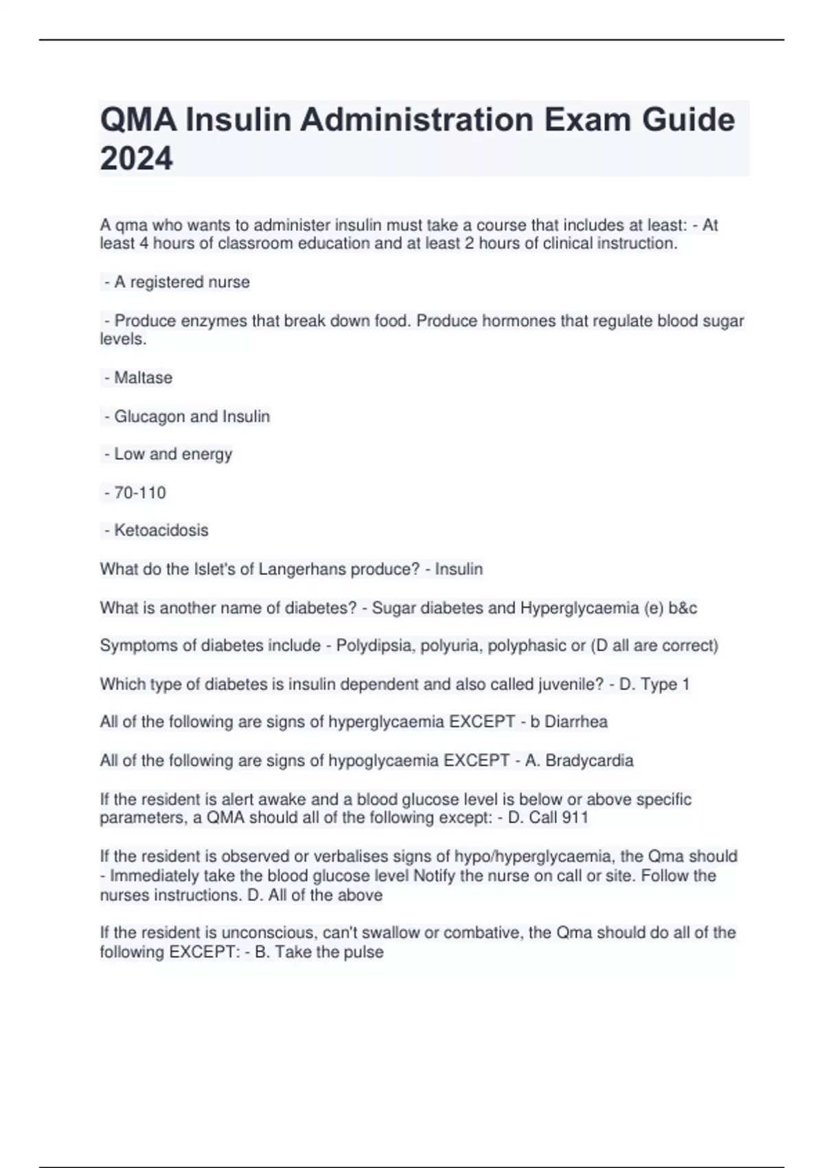 QMA Insulin Administration Exam Guide 2024 - Qma Insulin Administration ...