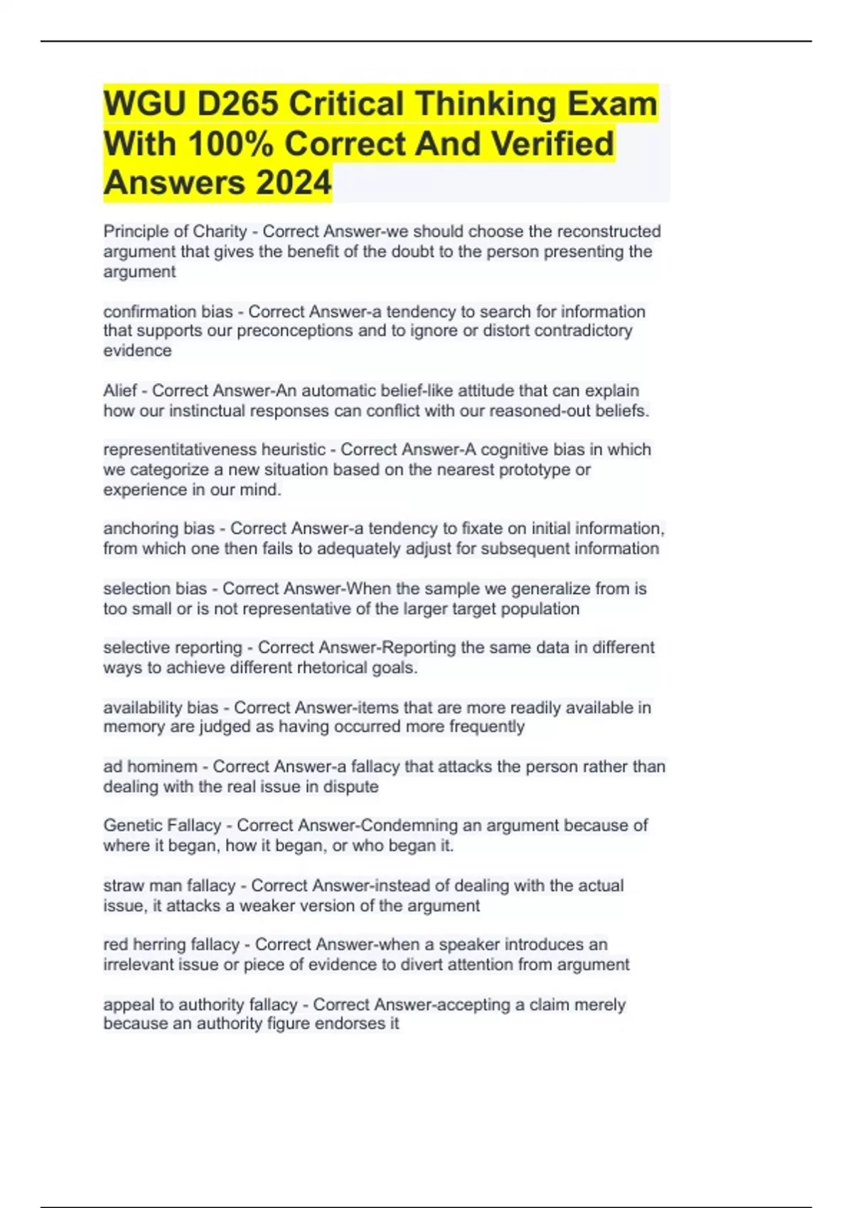 WGU D265 Critical Thinking Exam With 100% Correct And Verified Answers ...