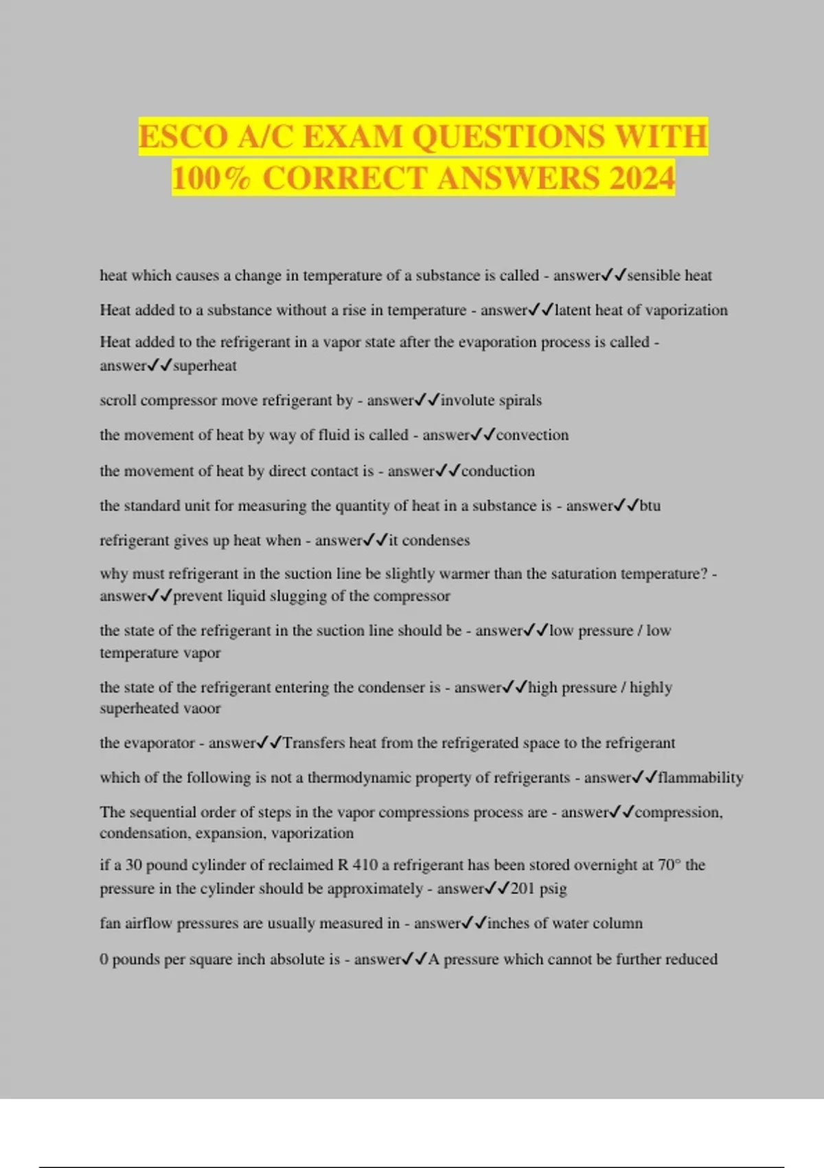 ESCO A/C EXAM QUESTIONS WITH 100% CORRECT ANSWERS 2024 - ESCO - Stuvia US