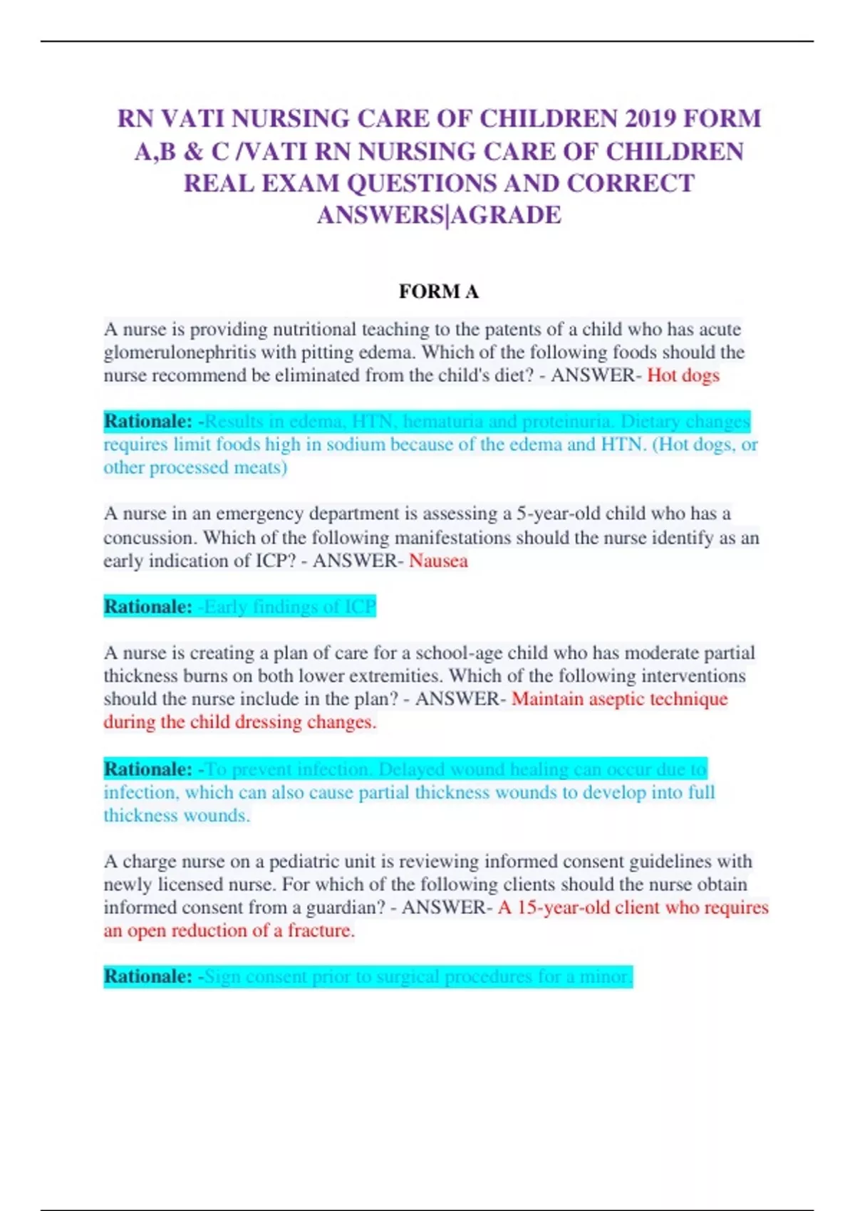 RN VATI NURSING CARE OF CHILDREN FORM A,B & C /VATI RN NURSING CARE OF ...