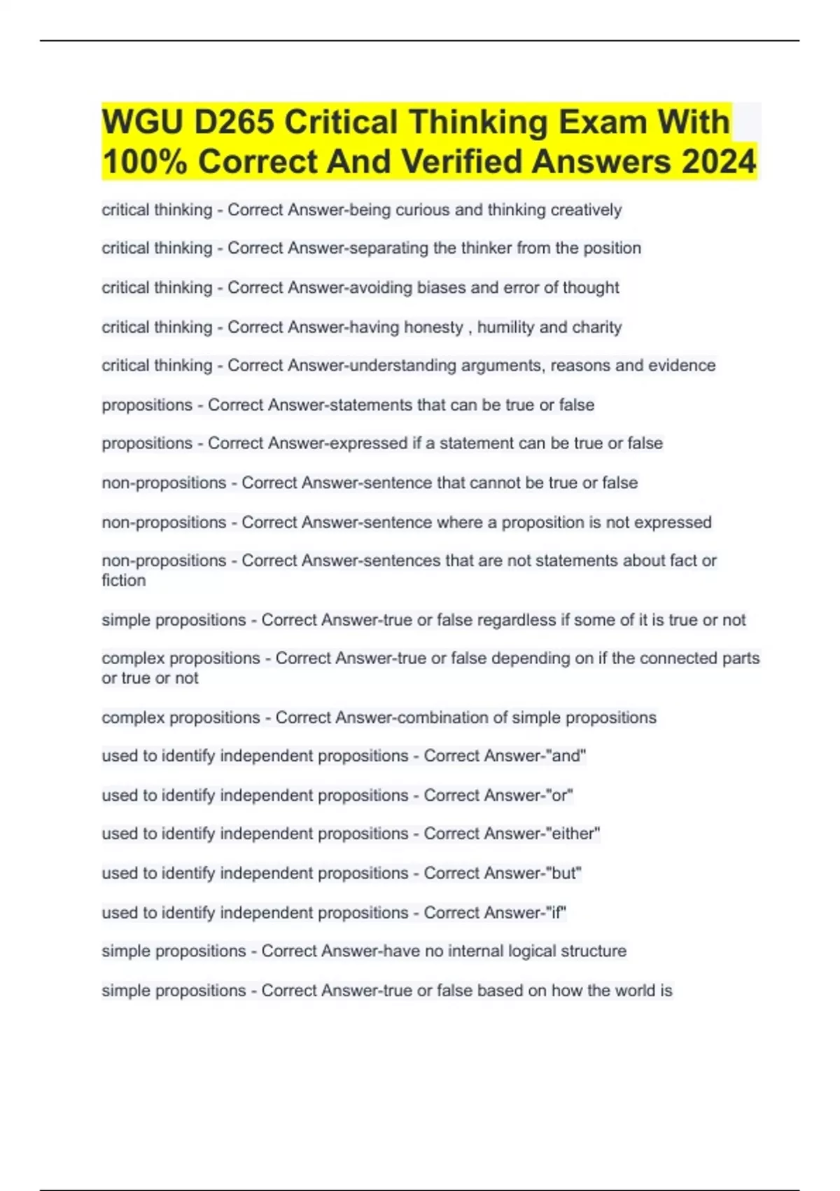 WGU D265 Critical Thinking Exam With 100% Correct And Verified Answers ...