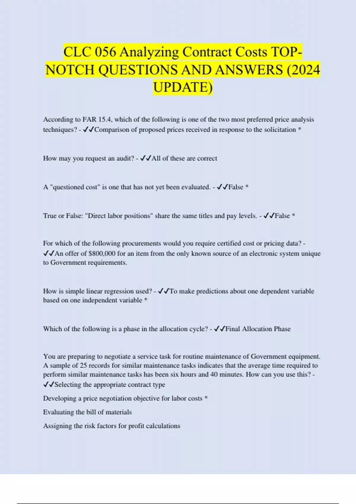 CLC 056 Analyzing Contract Costs TOP NOTCH QUESTIONS AND ANSWERS (2024 ...