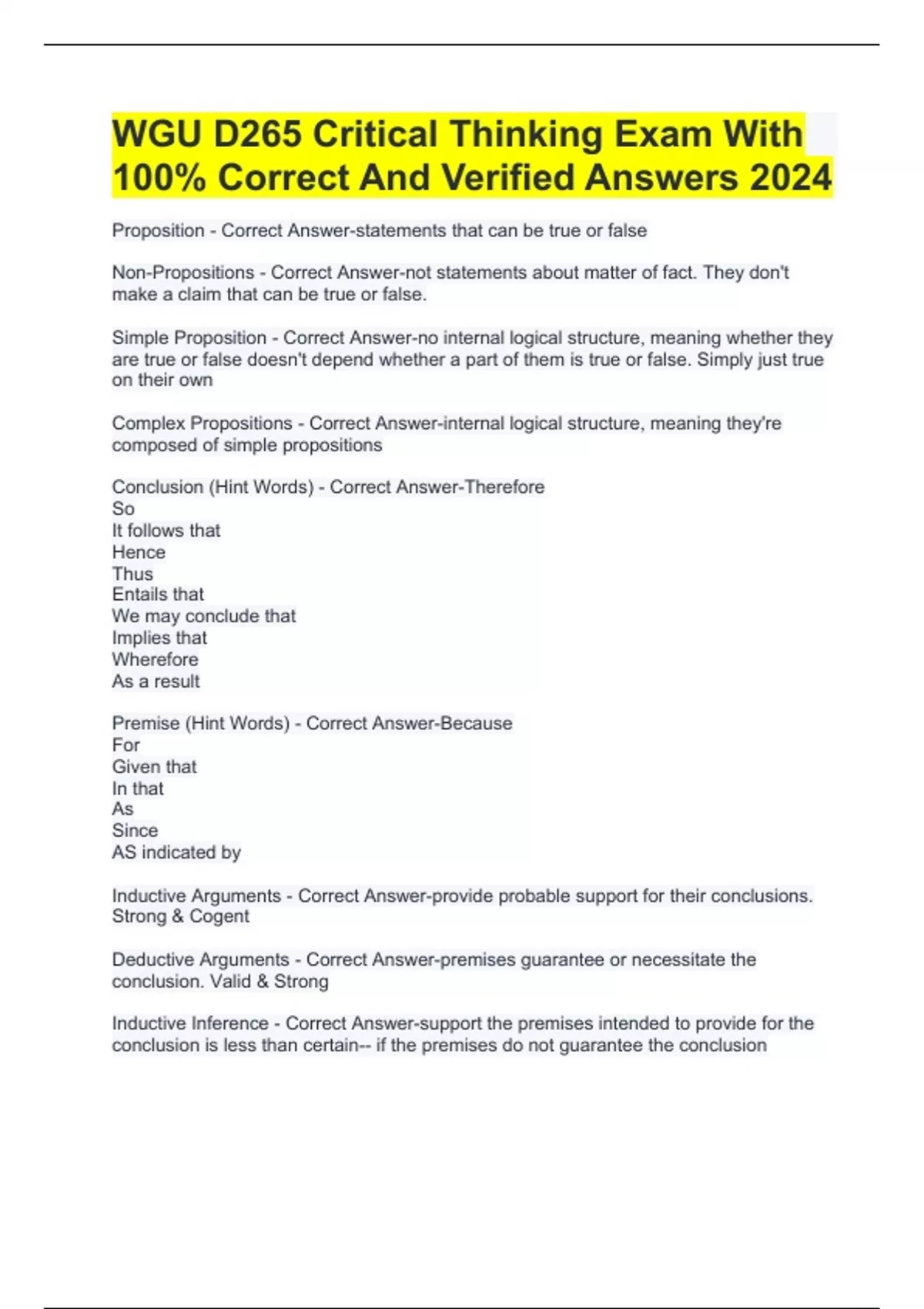 WGU D265 Critical Thinking Exam With 100% Correct And Verified Answers ...