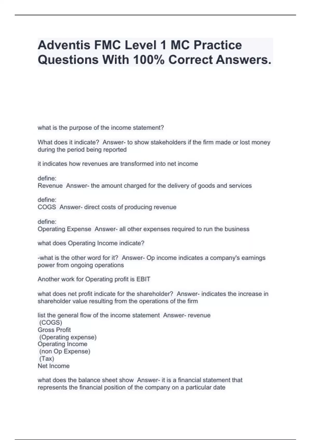 Adventis FMC Level 1 MC Practice Questions With 100% Correct Answers ...