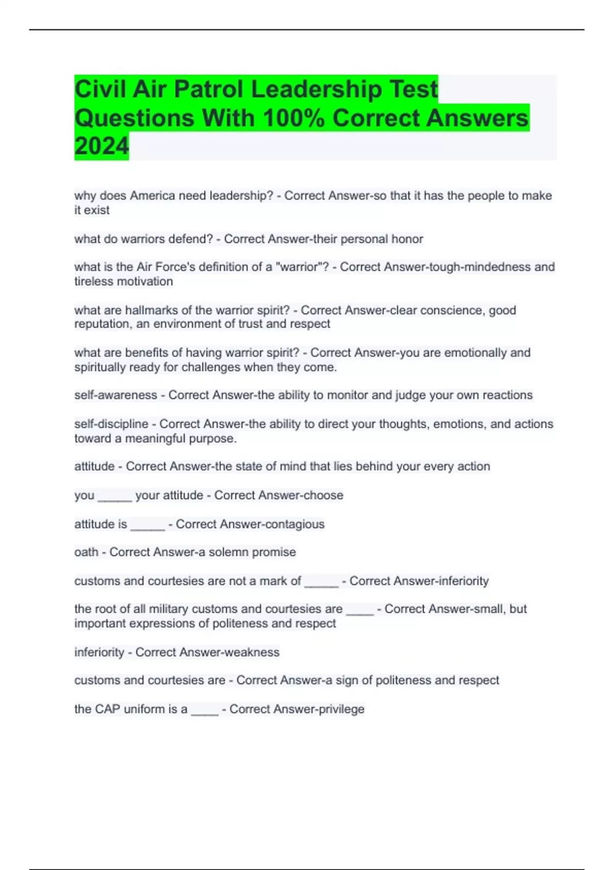 Civil Air Patrol Leadership Test Questions With 100% Correct Answers ...