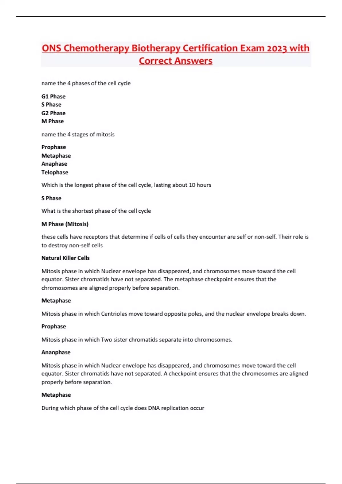 ONS Chemotherapy Biotherapy Certification Exam 2023 with Correct ...