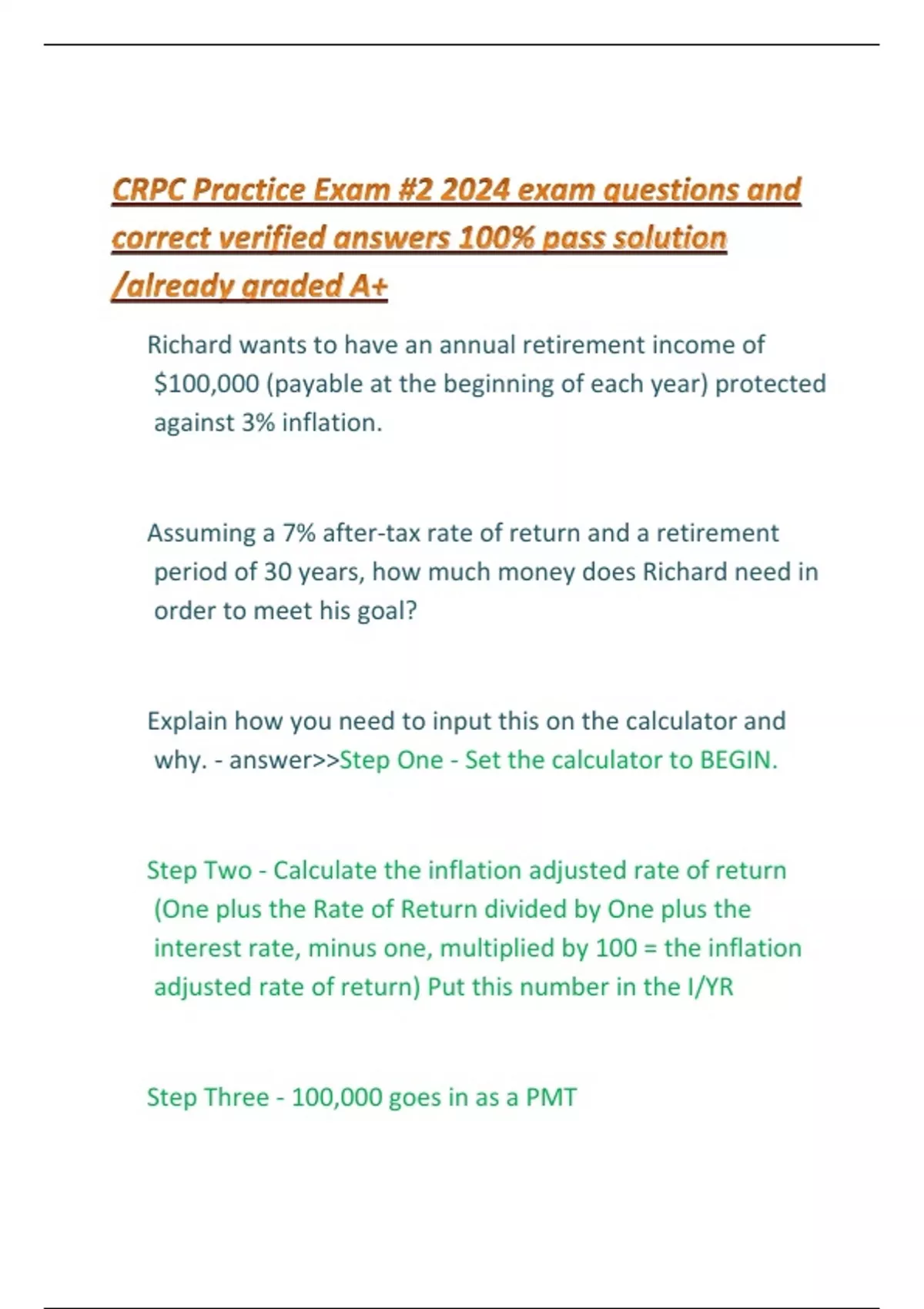 Crpc Practice Exam 2 2024 Exam Questions And Correct Verified Answers 100 Pass Solution