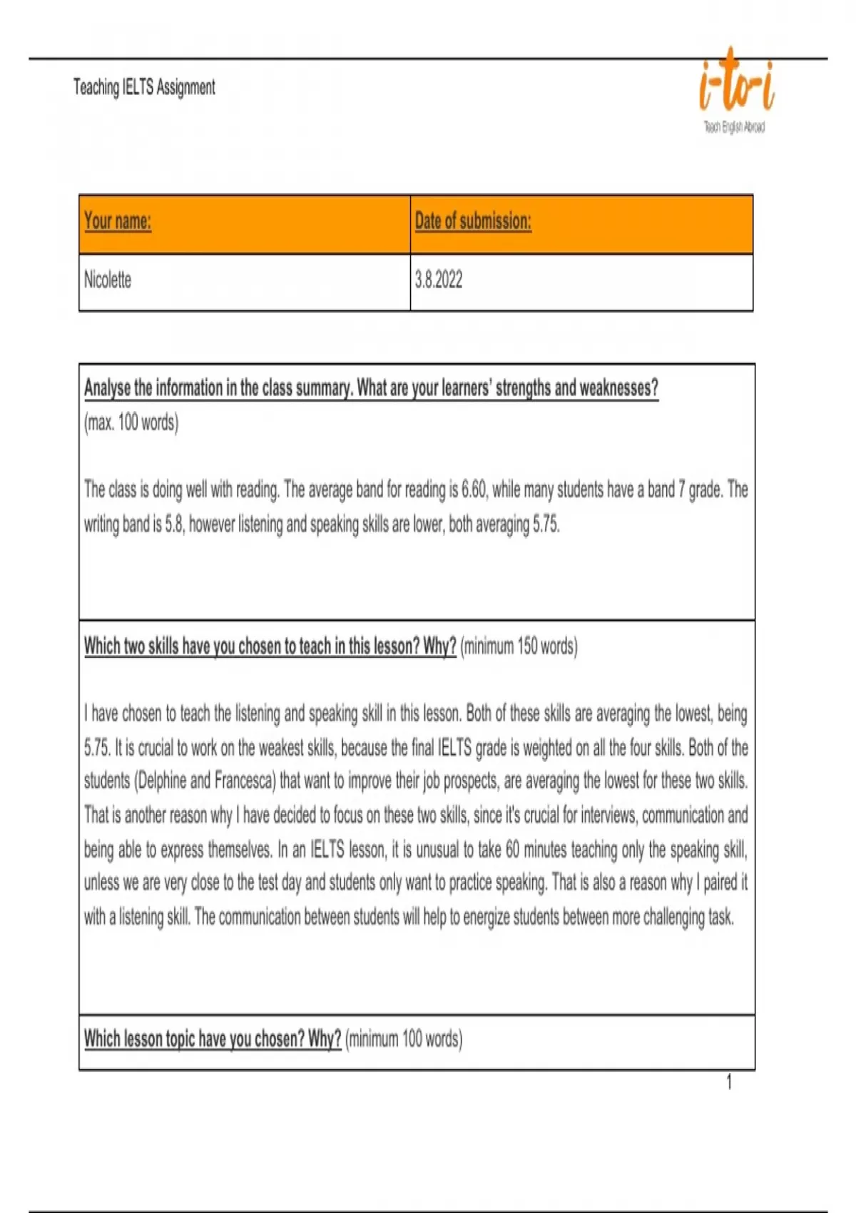 Assignment 7 - i to i TEFL level 5 Teaching IELTS assignment - PASSED ...