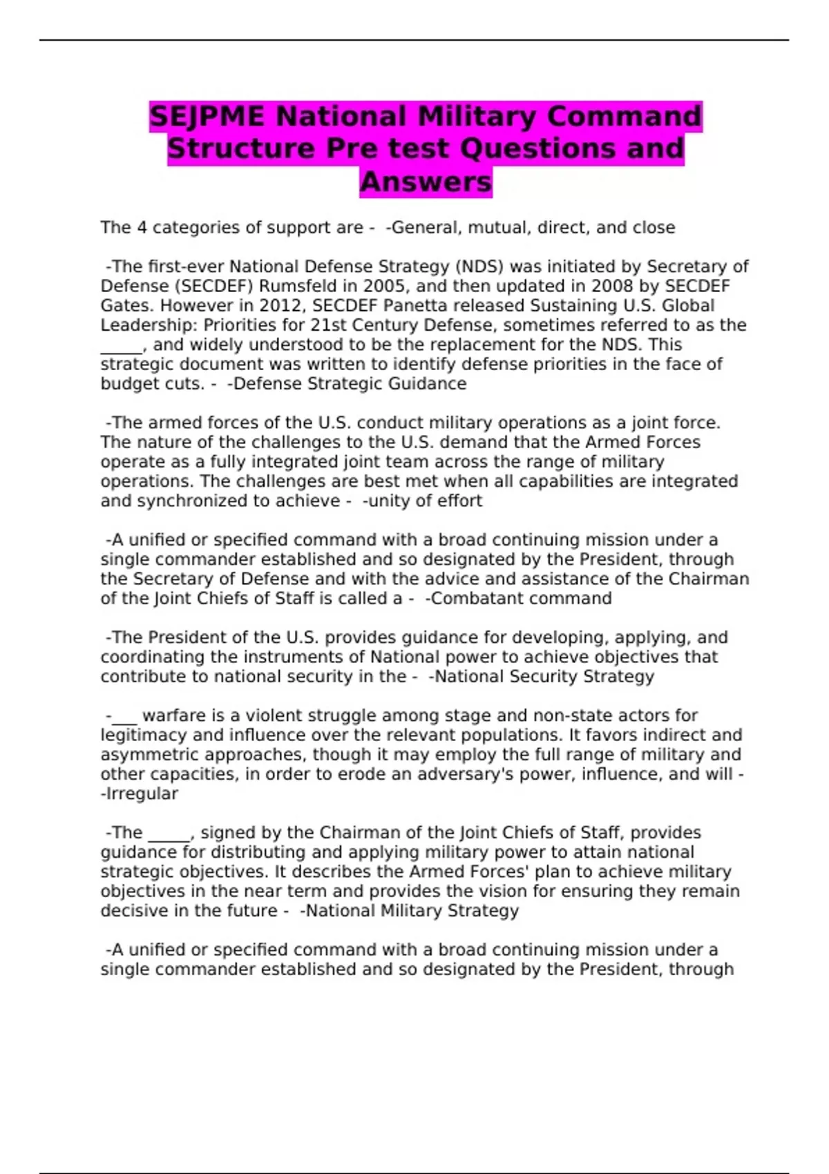 SEJPME National Military Command Structure Pre test Questions and ...