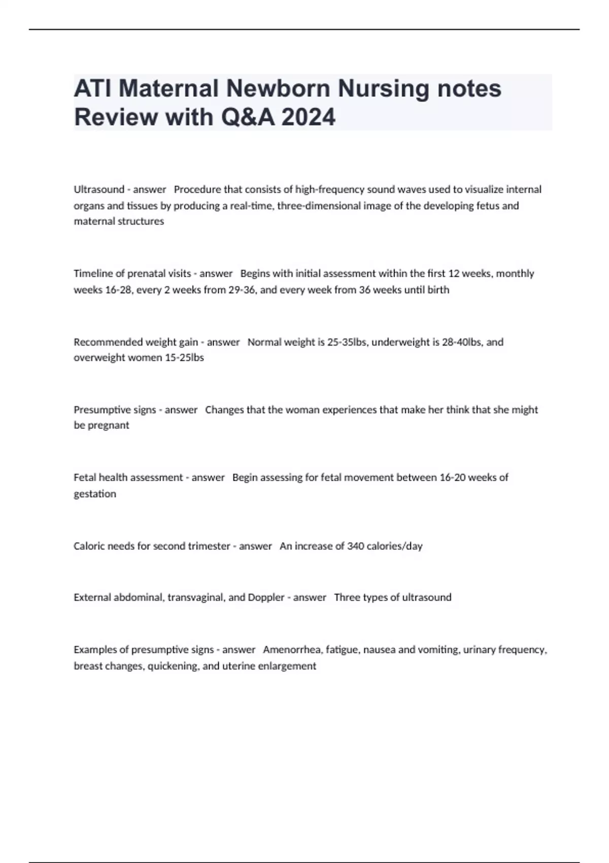 ATI Maternal Newborn Nursing notes Review with Q&A 2024 - ATI Maternal ...