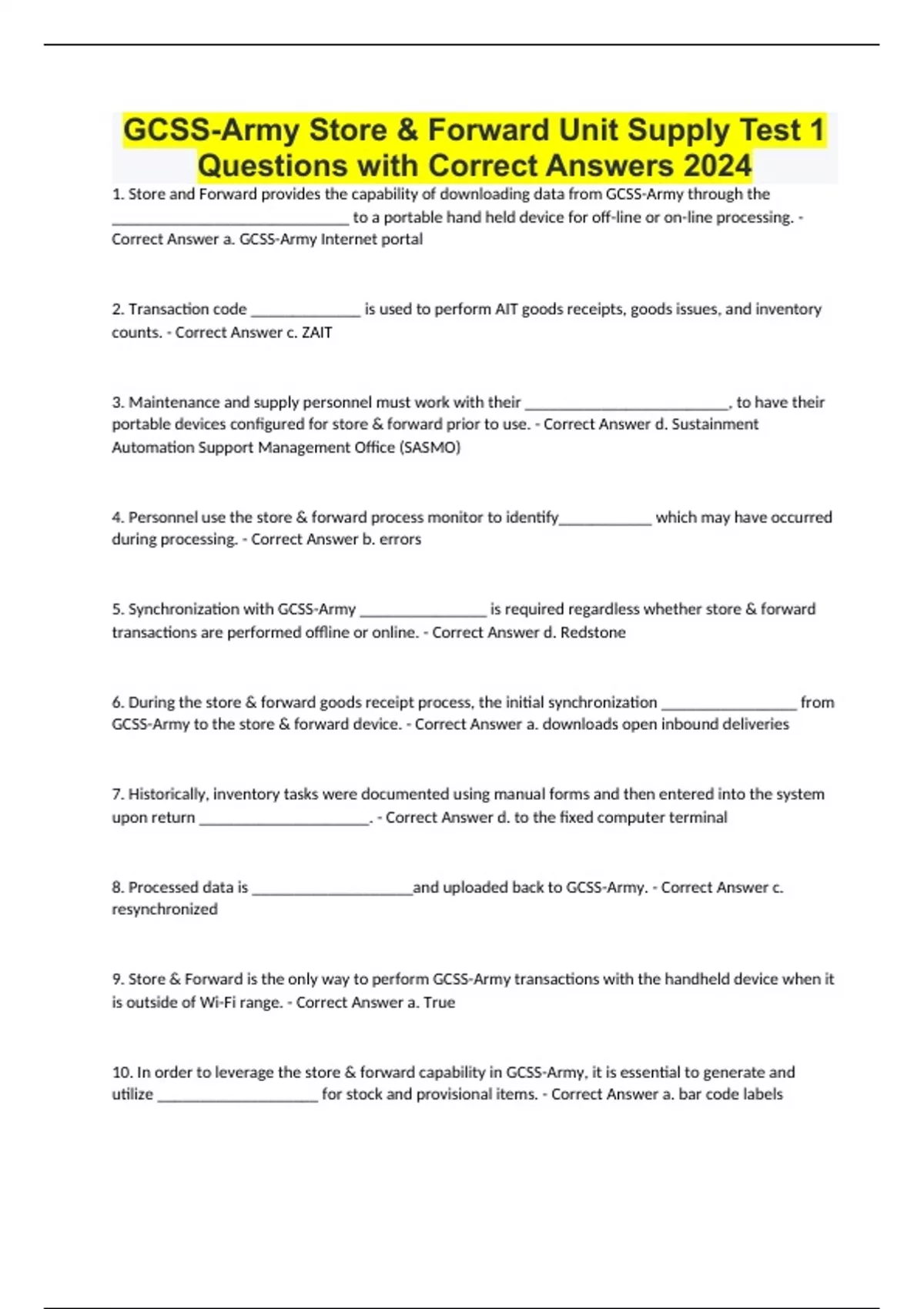 Gcss Army Store And Forward Unit Supply Test 1 Questions With Correct Answers 2024 Gcss Army