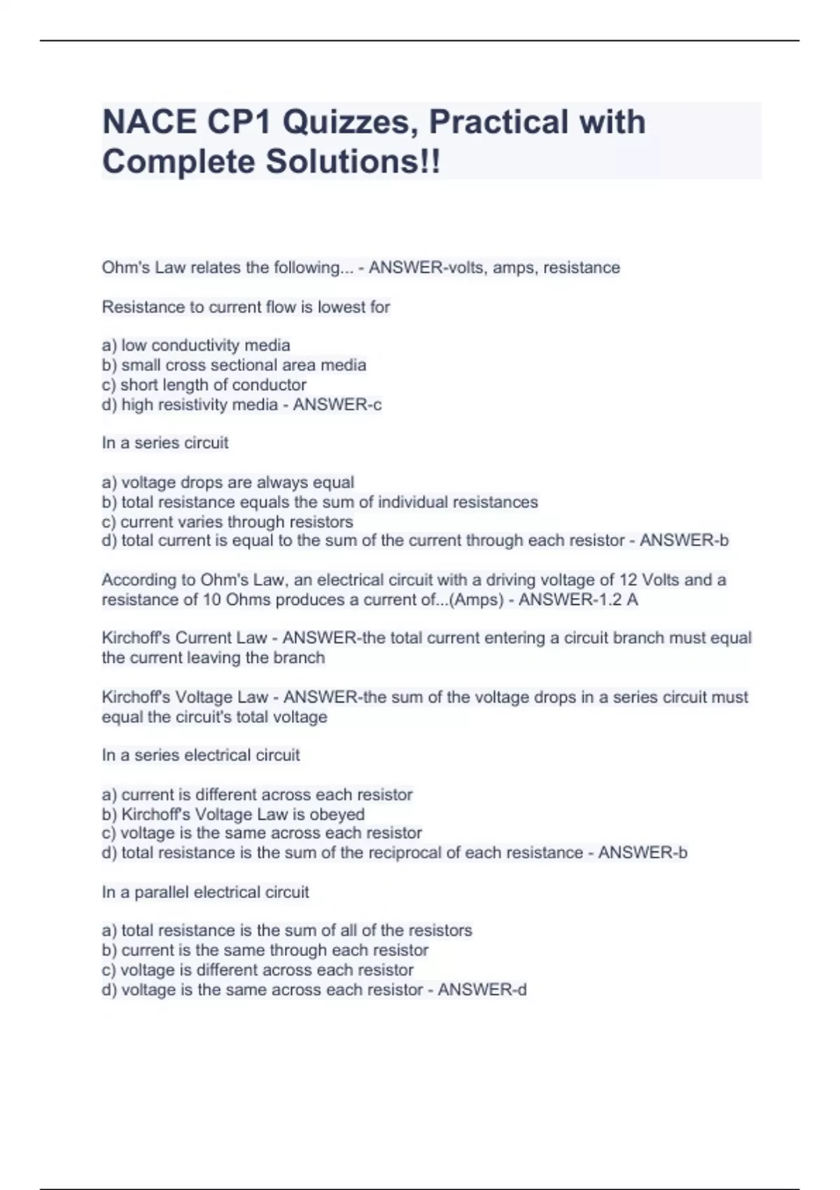 NACE CP1 Quizzes, Practical with Complete Solutions!! - NACE CP1 - Stuvia US