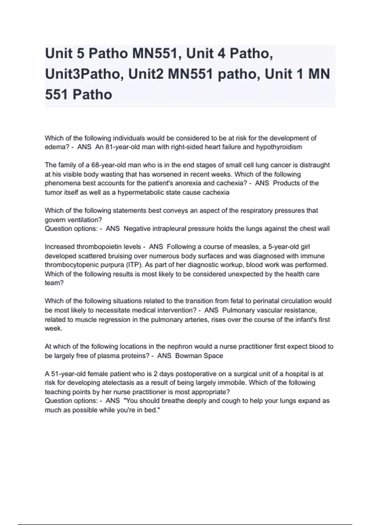 Unit 5 Patho MN551, Unit 4 Patho, Unit3Patho, Unit2 MN551 patho, Unit 1 MN 551 Patho Exam ...