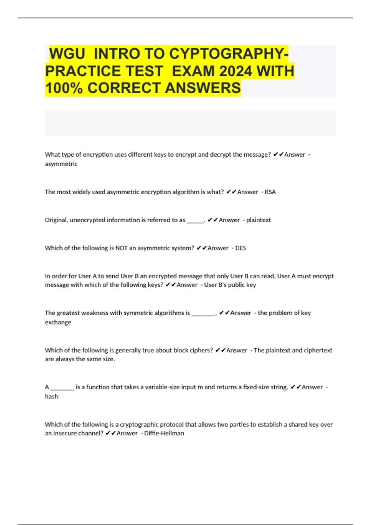 WGU INTRO TO CYPTOGRAPHY-PRACTICE TEST EXAM 2024 WITH 100% CORRECT ...