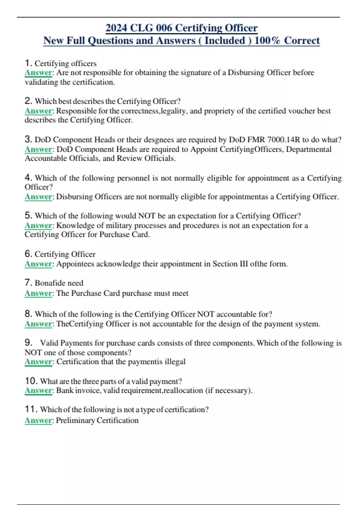 2024 CLG 006 Certifying Officer New Full Questions and Answers ...