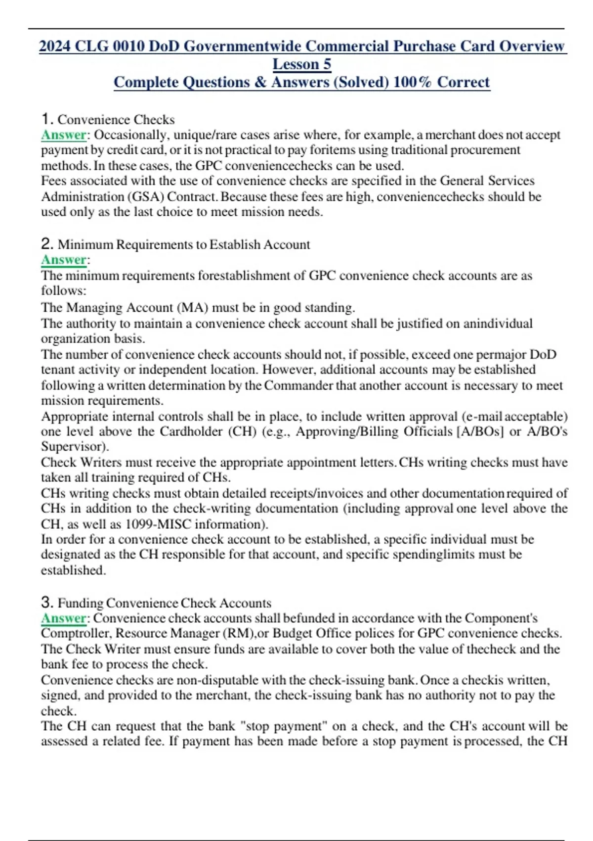 2024 CLG 0010 DoD Governmentwide Commercial Purchase Card Overview Lesson 5 Complete Questions ...