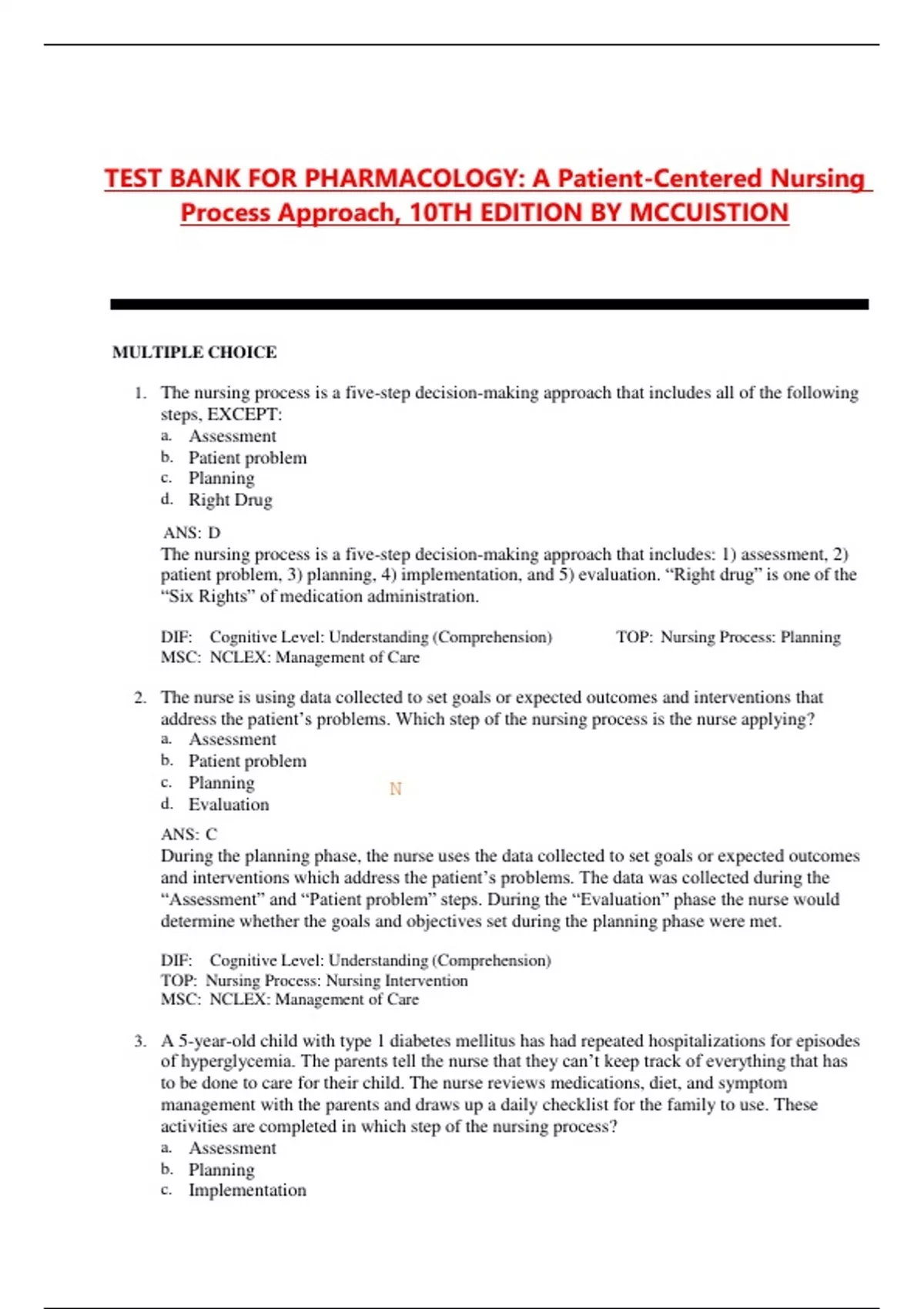 TEST BANK FOR PHARMACOLOGY: A Patient-Centered Nursing Process Approach ...