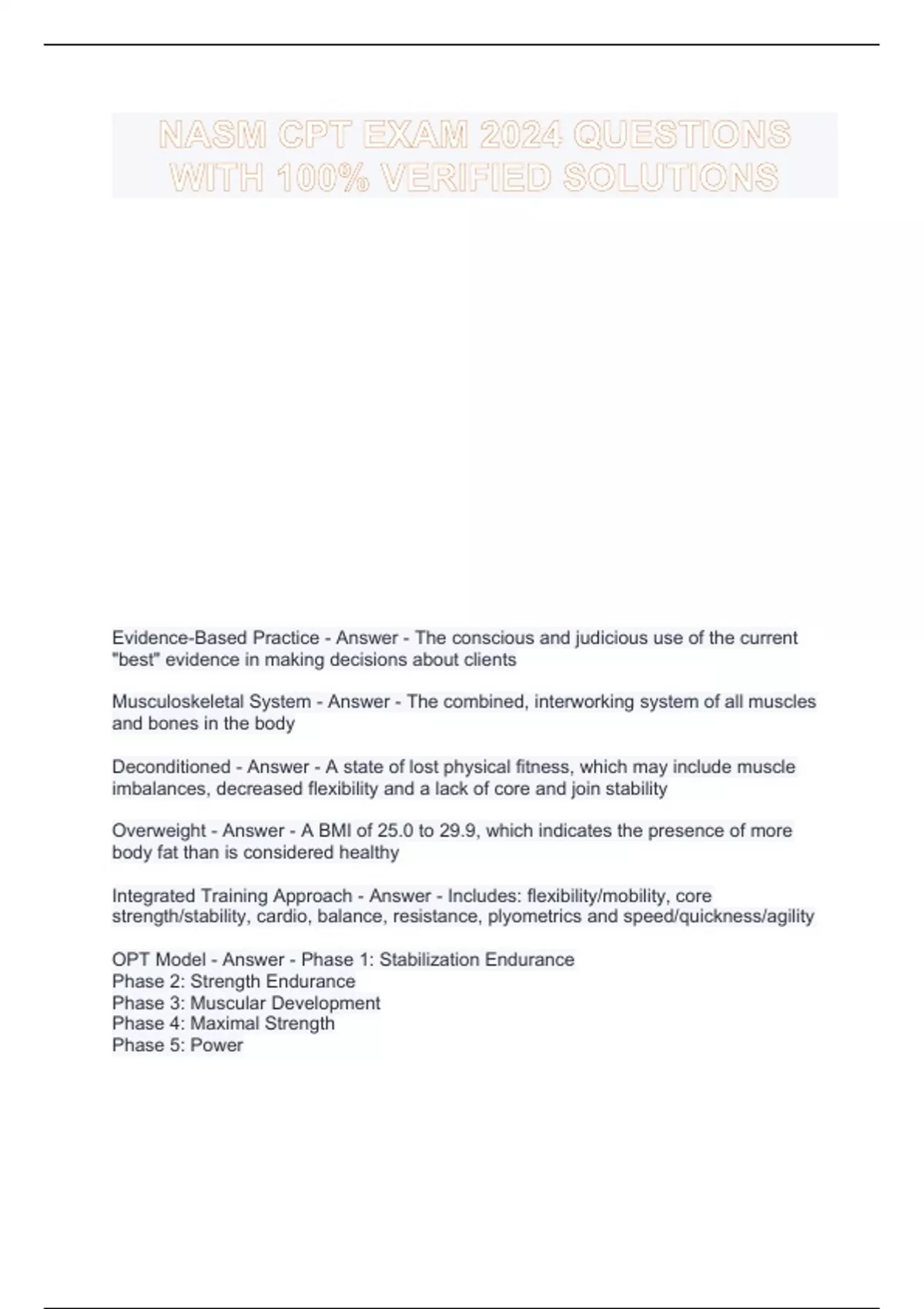 NASM CPT EXAM 2024 QUESTIONS WITH 100% VERIFIED SOLUTIONS - Nasm - Stuvia US