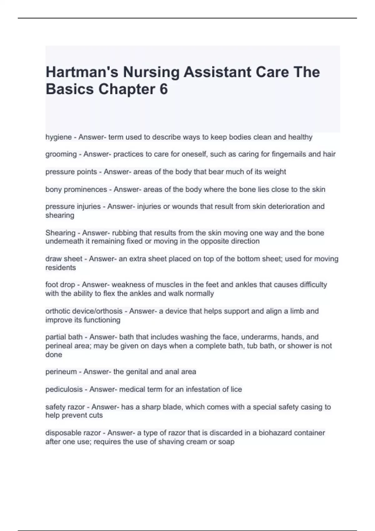 Hartman's Nursing Assistant Care The Basics Chapter 6 Exam with correct ...