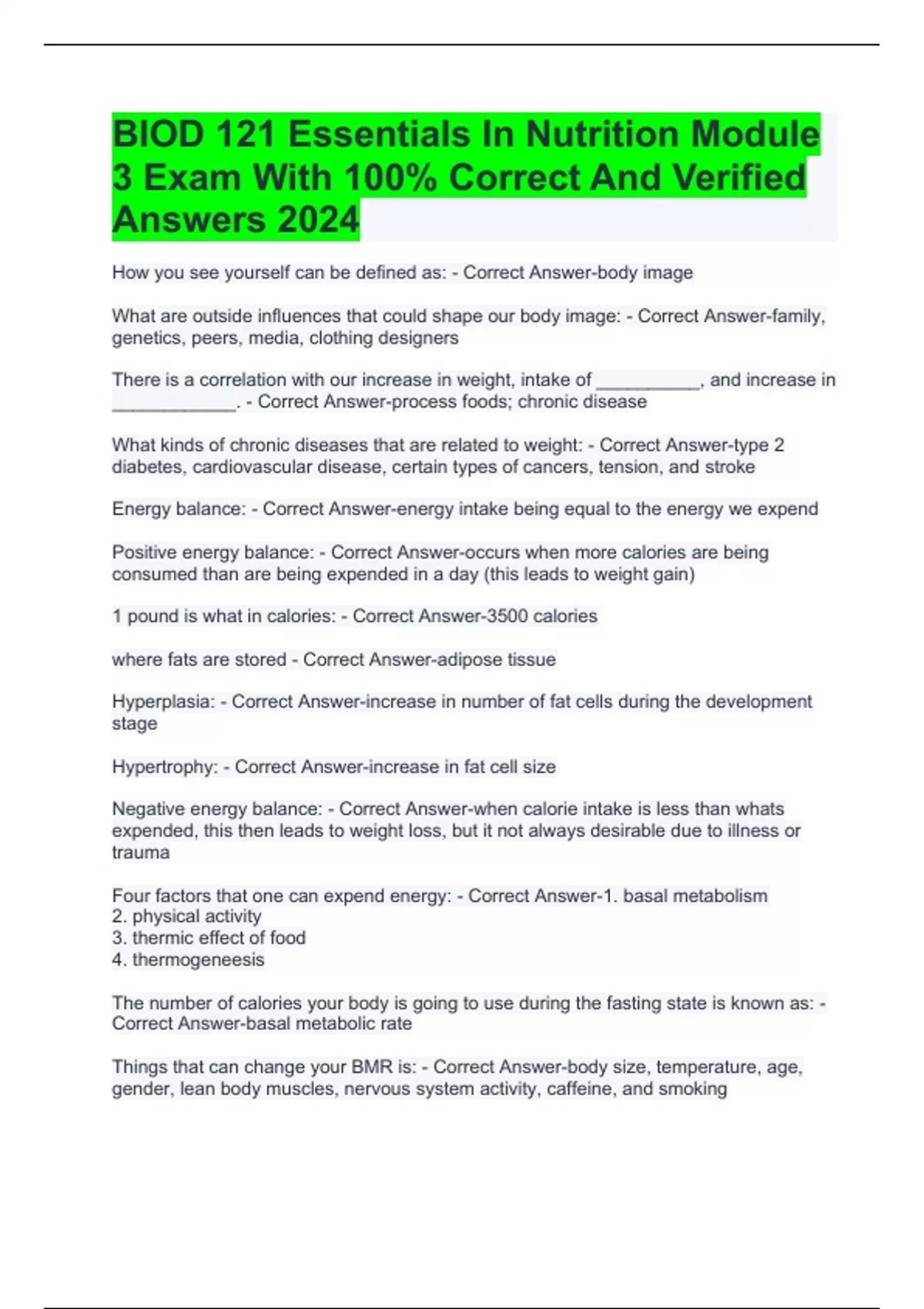 BIOD 121 Essentials In Nutrition Module 3 Exam With 100% Correct And ...