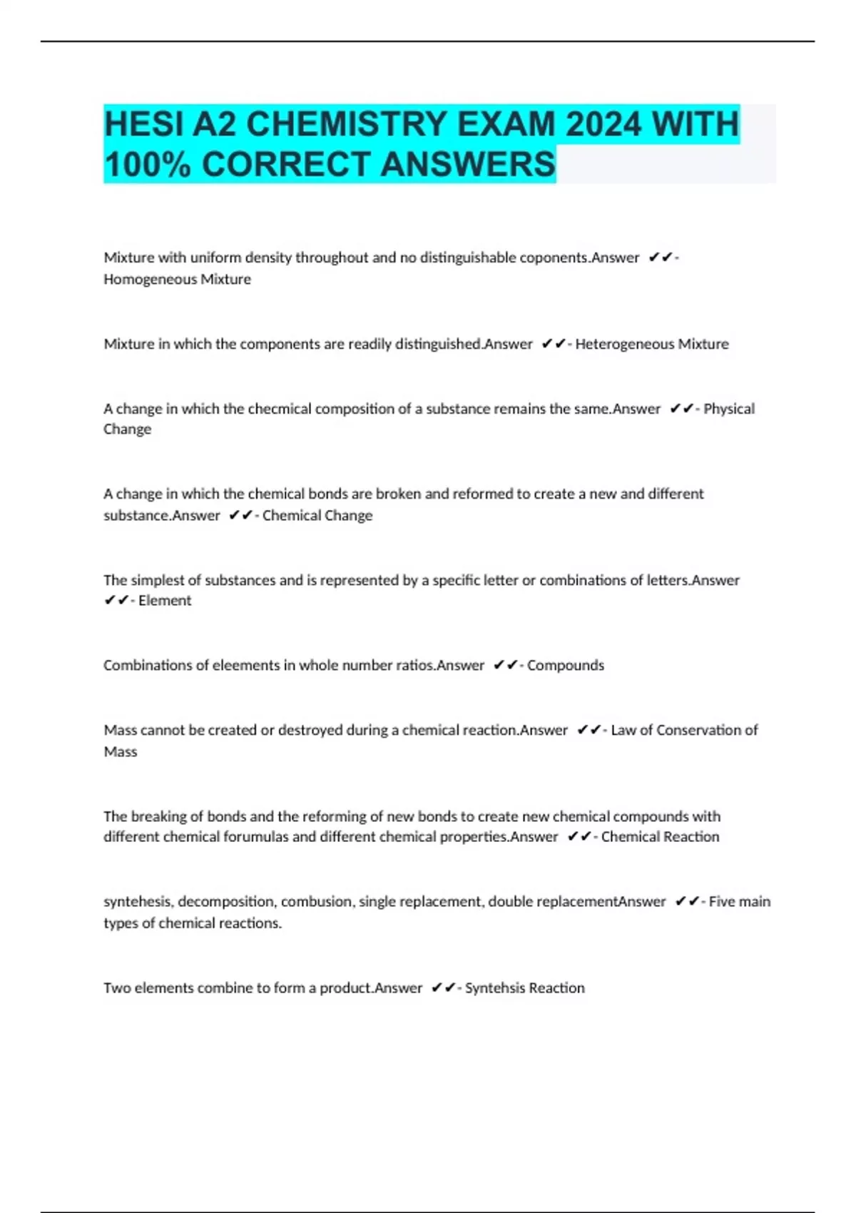 HESI A2 CHEMISTRY EXAM 2024 WITH 100% CORRECT ANSWERS - HESI A2 ...