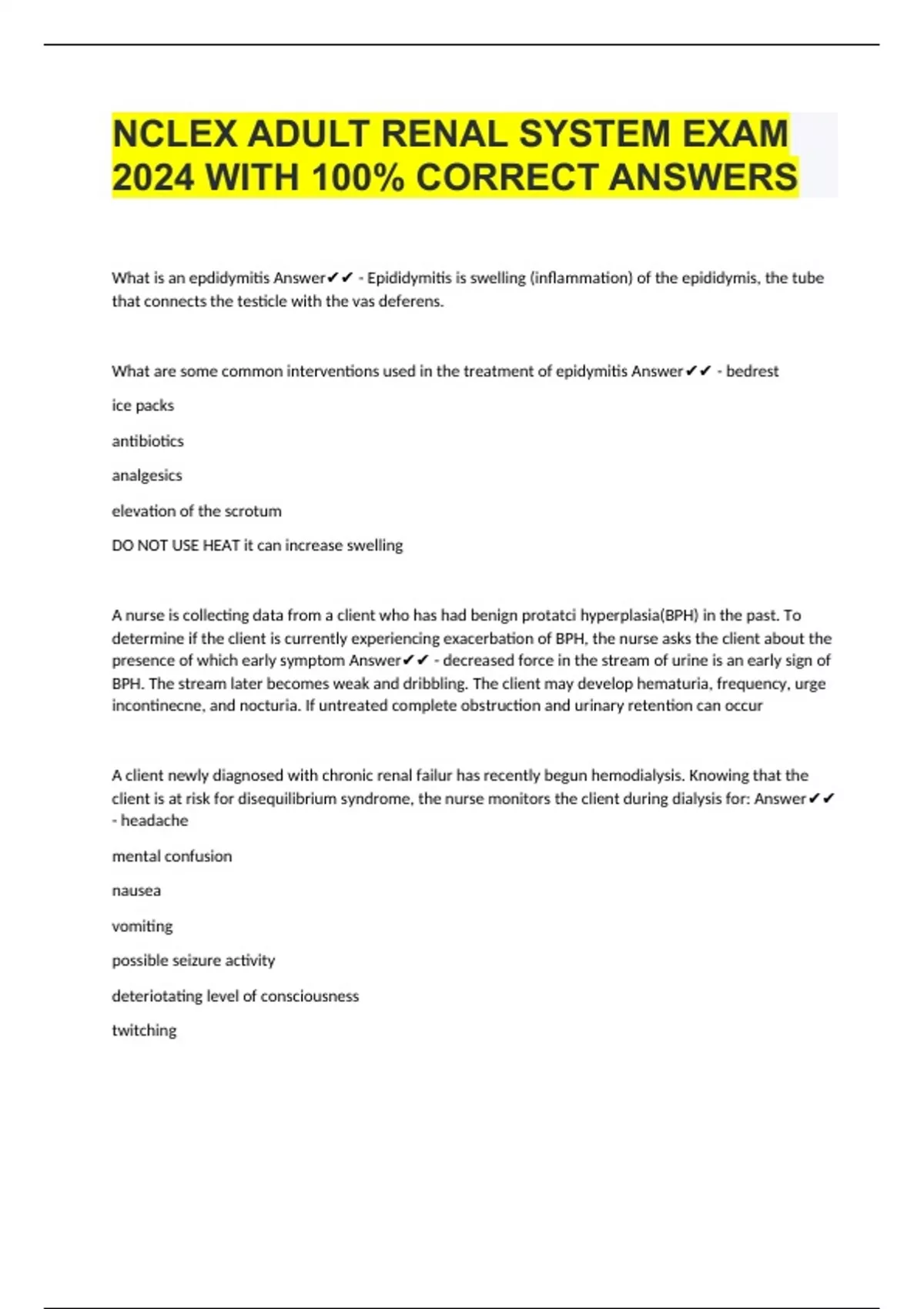 NCLEX ADULT RENAL SYSTEM EXAM 2024 WITH 100% CORRECT ANSWERS - NCLEX ...