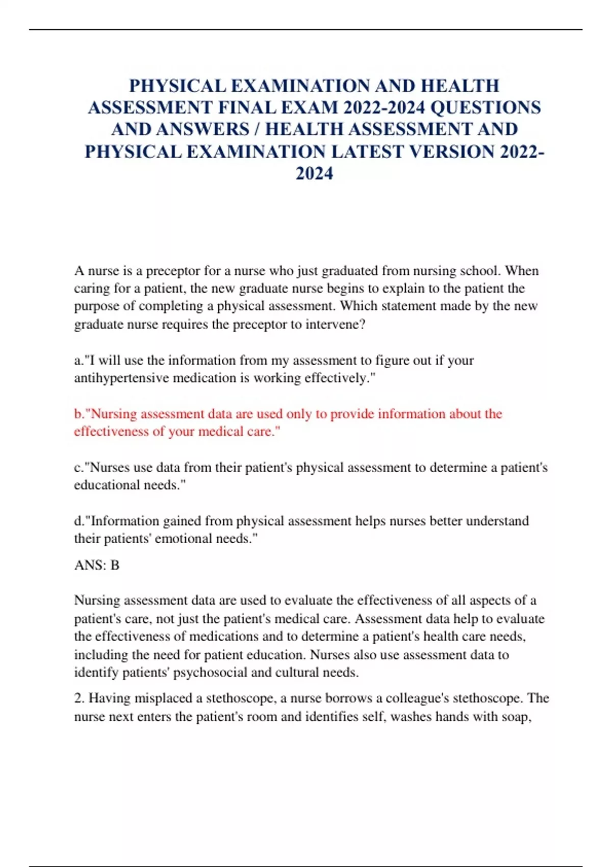 PHYSICAL EXAMINATION AND HEALTH ASSESSMENT FINAL EXAM QUESTIONS AND ...