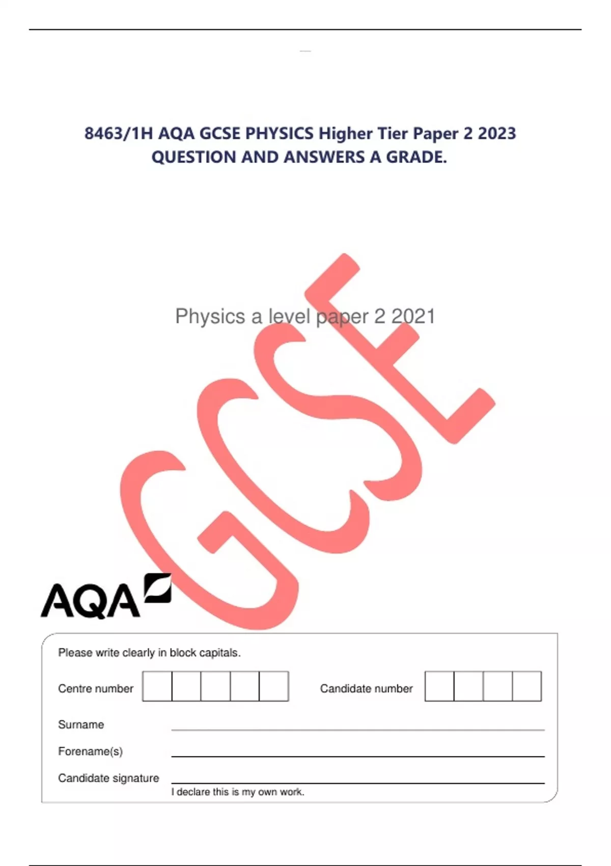 8463/1H AQA GCSE PHYSICS Higher Tier Paper 2 2023 QUESTION AND ANSWERS ...
