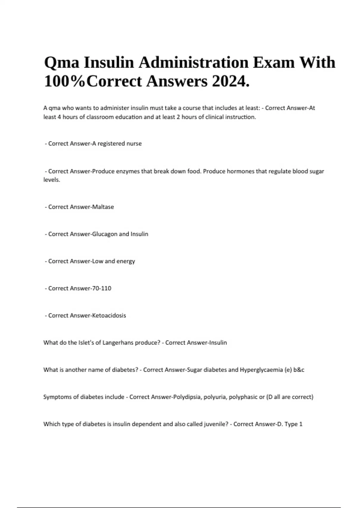 Qma Insulin Administration Exam With 100%Correct Answers 2024. - Qma ...