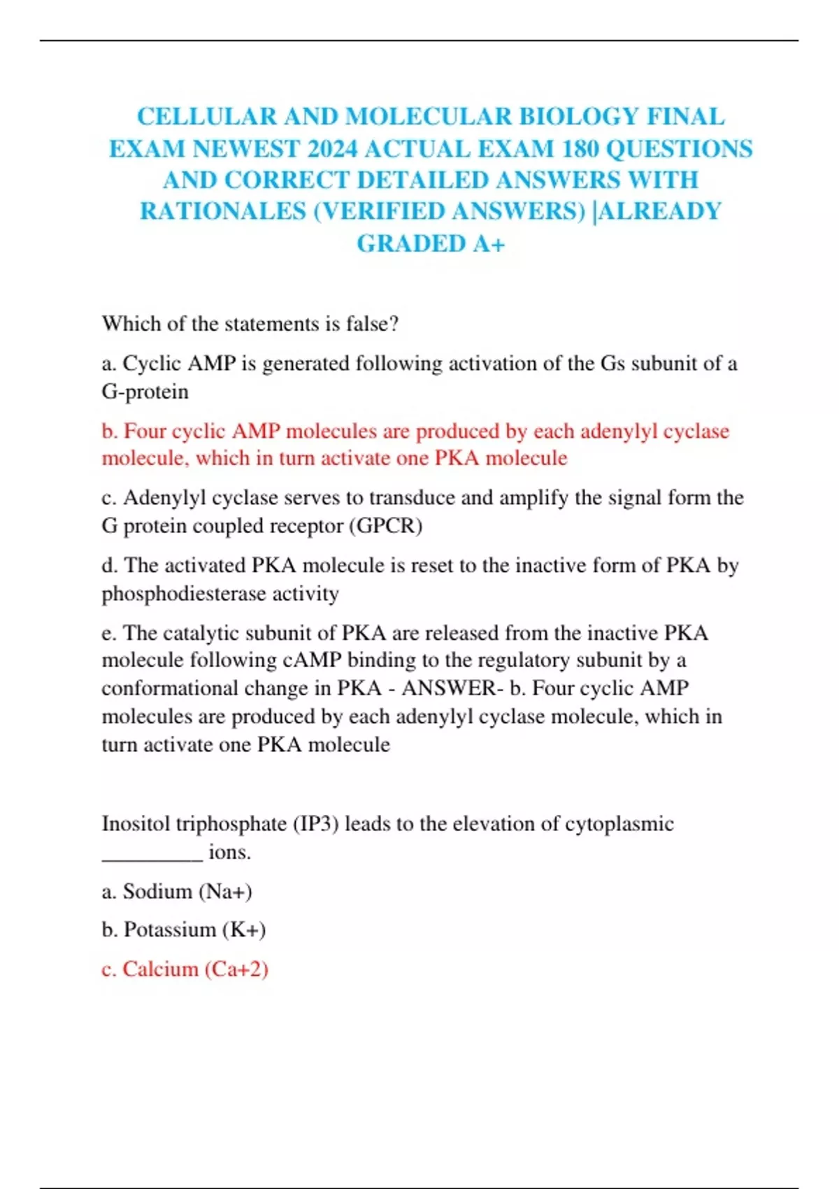 CELLULAR AND MOLECULAR BIOLOGY FINAL EXAM NEWEST 2024 ACTUAL EXAM 180 ...