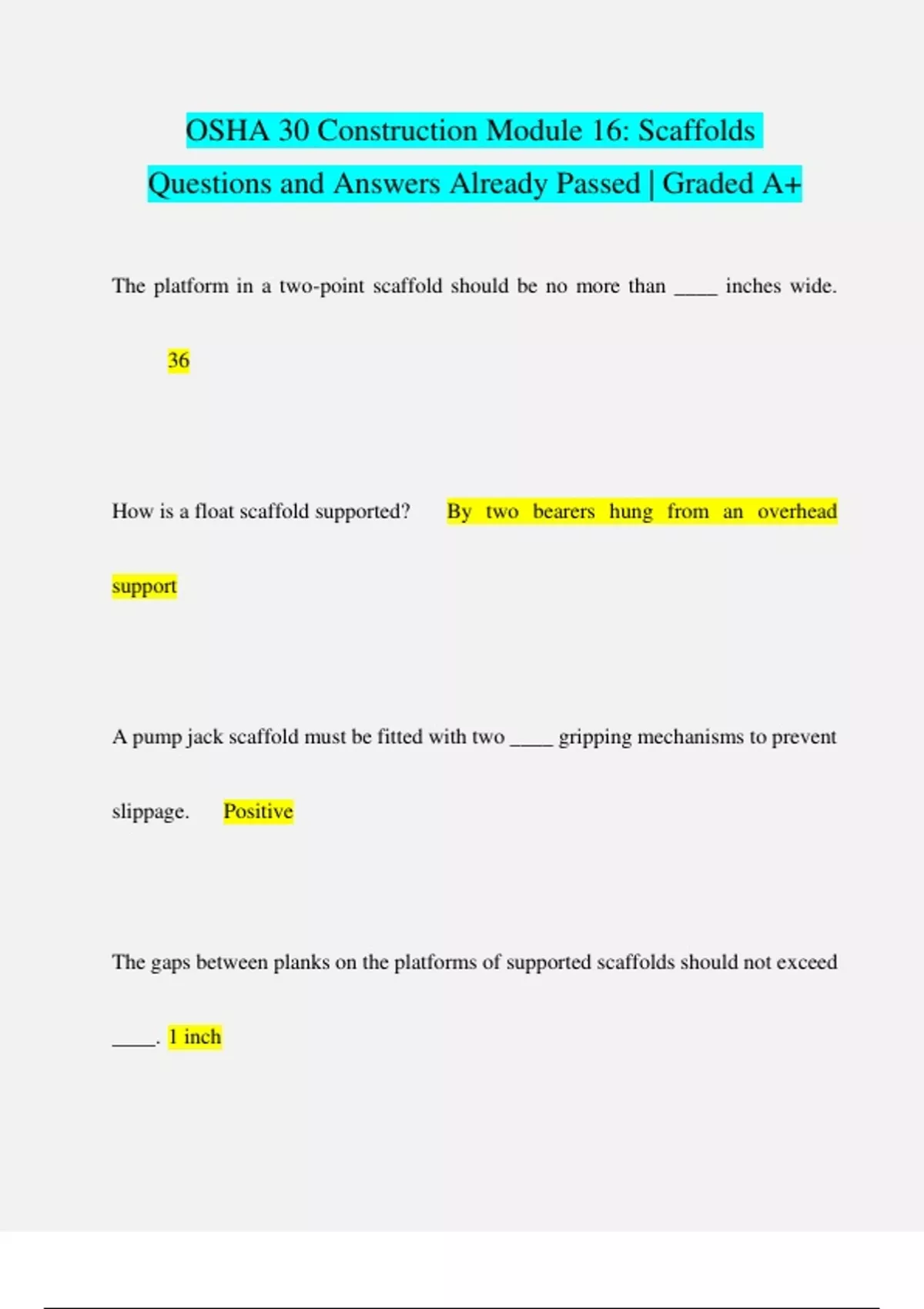 OSHA 30 Construction Module 16: Scaffolds Questions and Answers Already ...