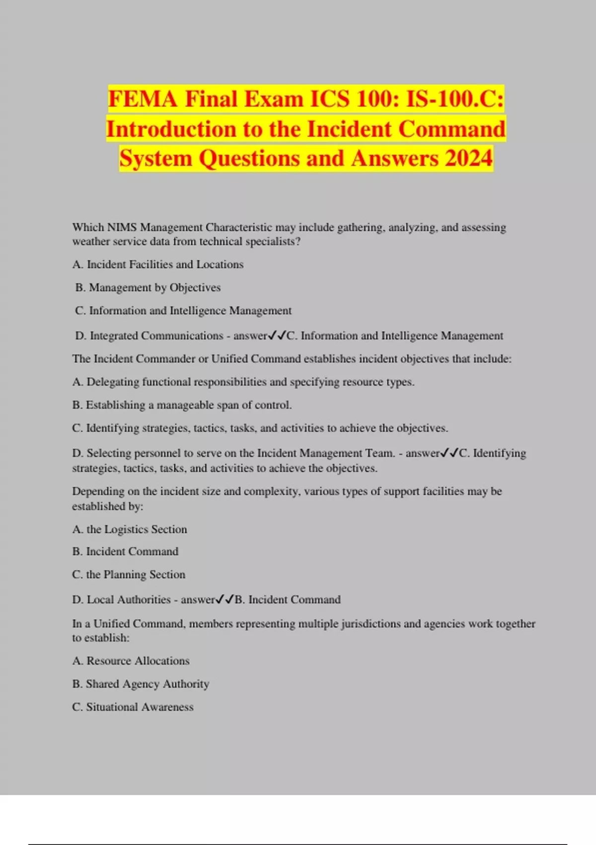 FEMA Final Exam ICS 100: IS-100.C: Introduction to the Incident Command ...