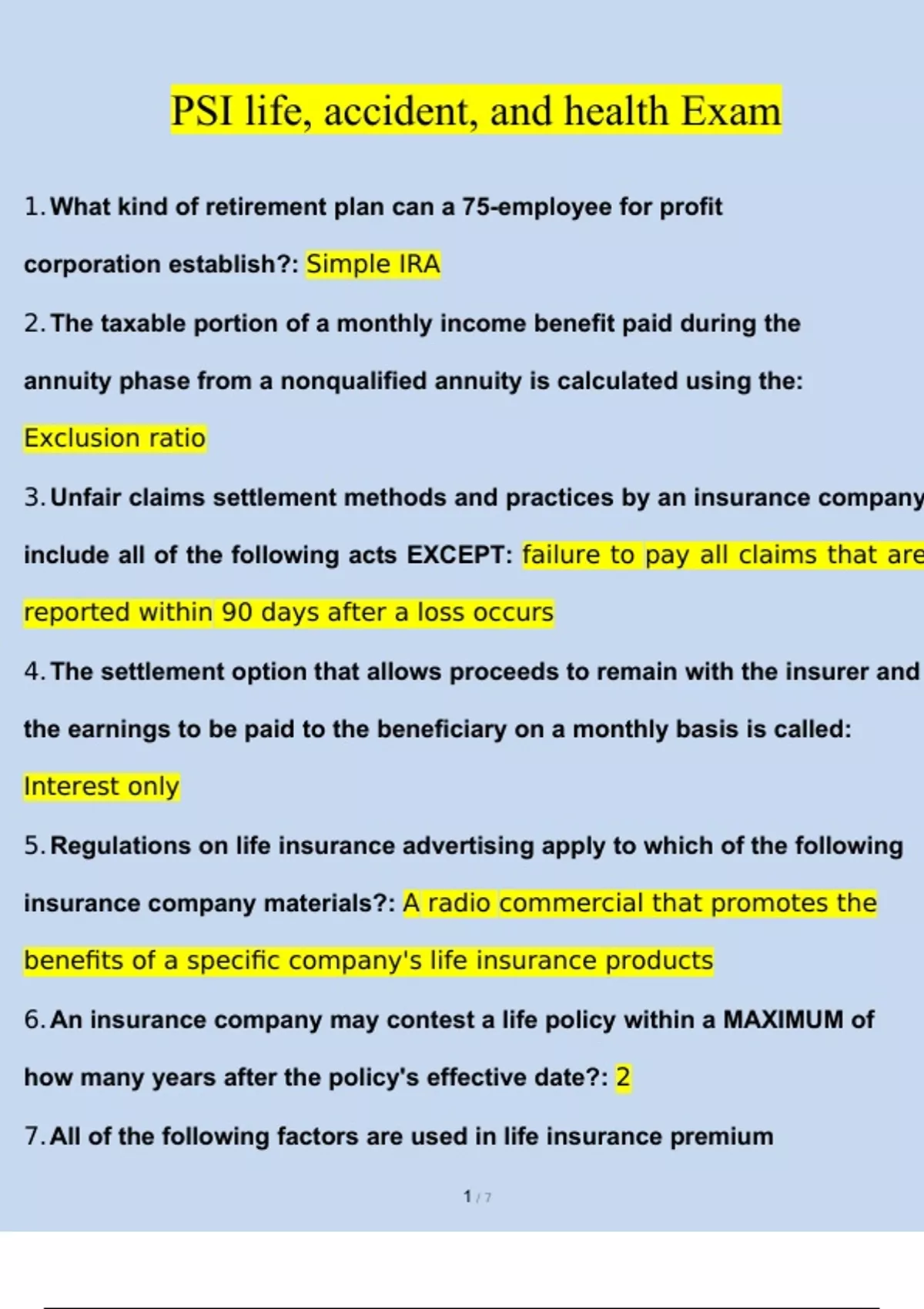 PSI life, accident, and health Exam 2024 | Questions with 100% Correct ...