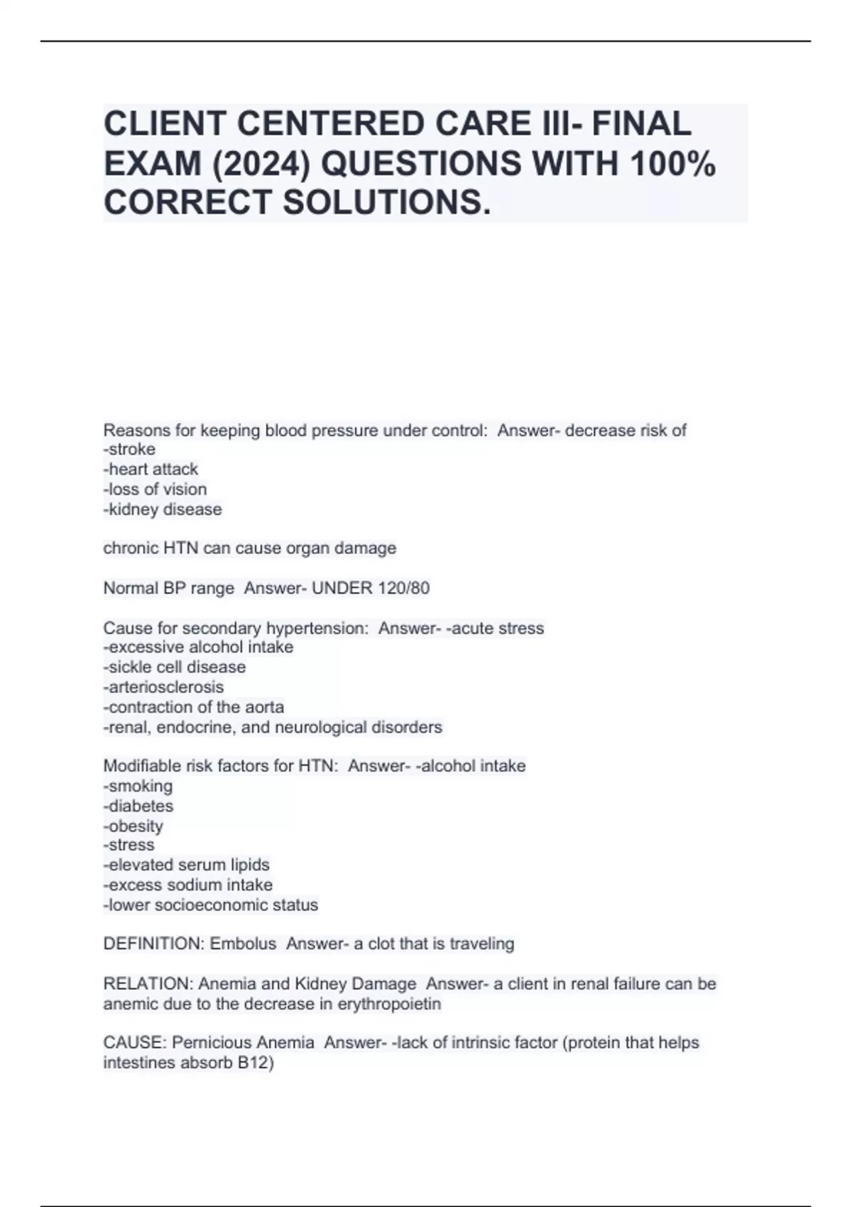 CLIENT CENTERED CARE III- FINAL EXAM (2024) QUESTIONS WITH 100% CORRECT SOLUTIONS. - CLIENT ...