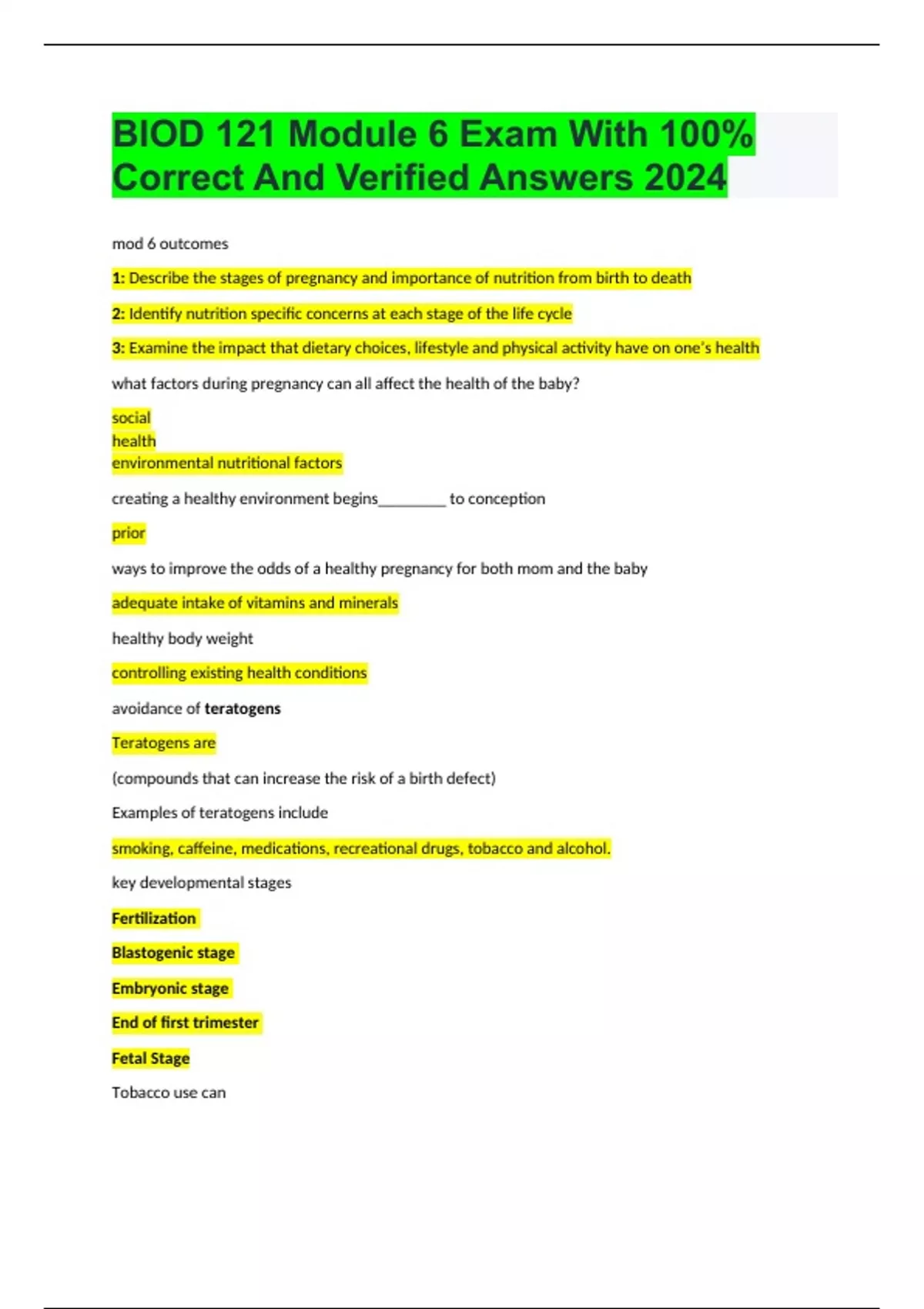 BIOD 121 Module 6 Exam With 100% Correct And Verified Answers 2024 - BIOD 121 - Stuvia US