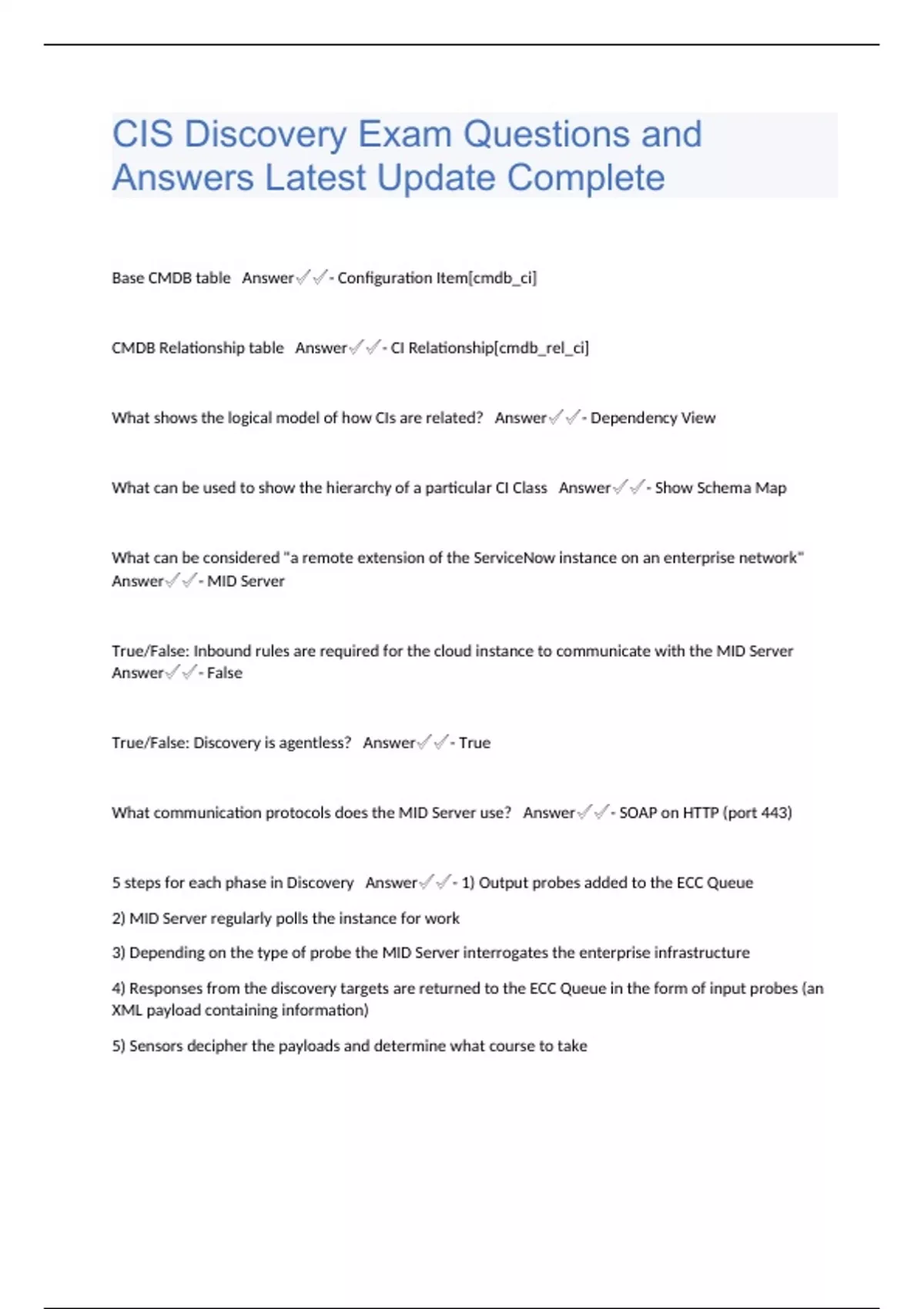 CIS Discovery Exam Questions and Answers Latest Update Complete ...