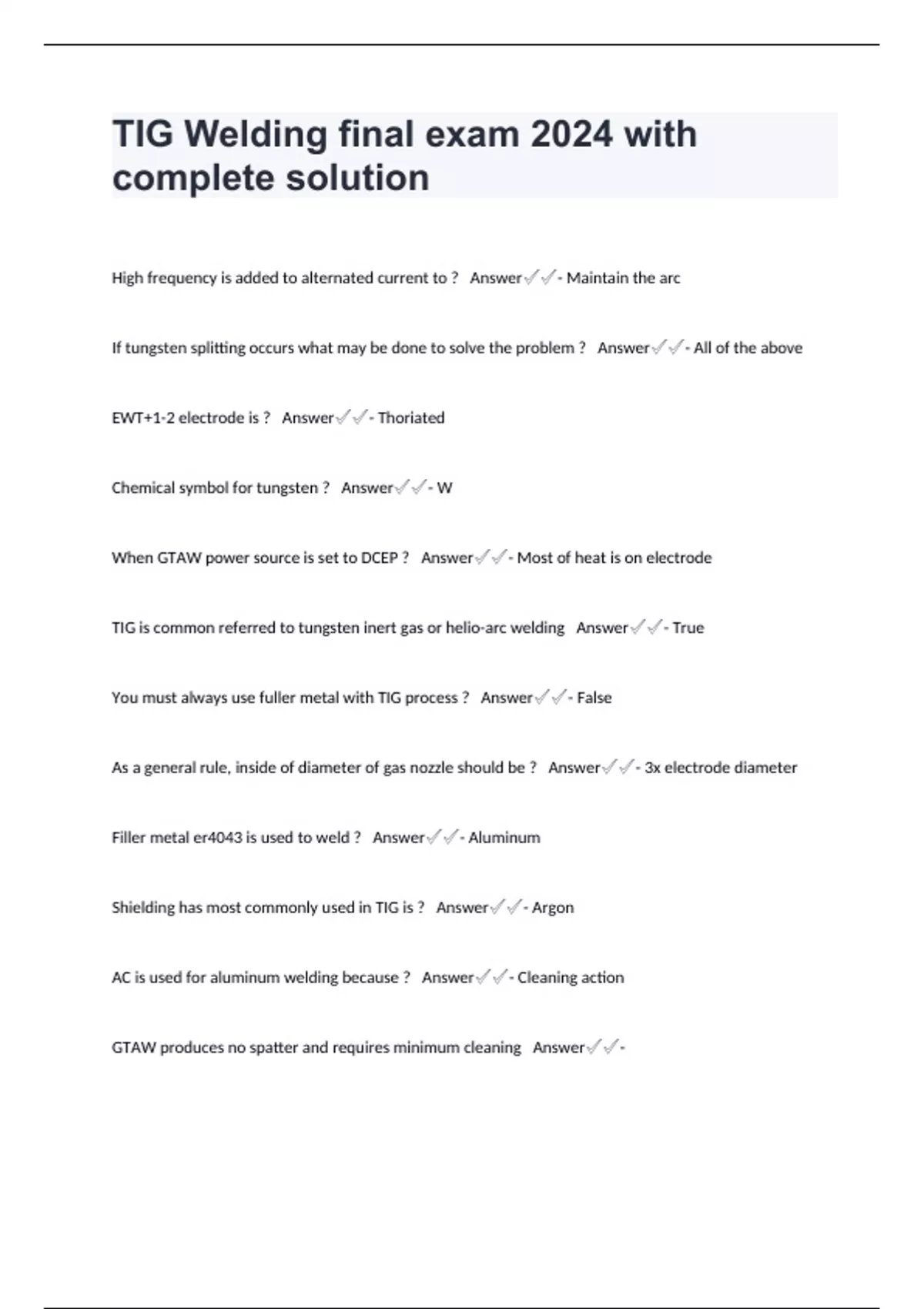 TIG Welding final exam 2024 with complete solution - TIG Welding ...