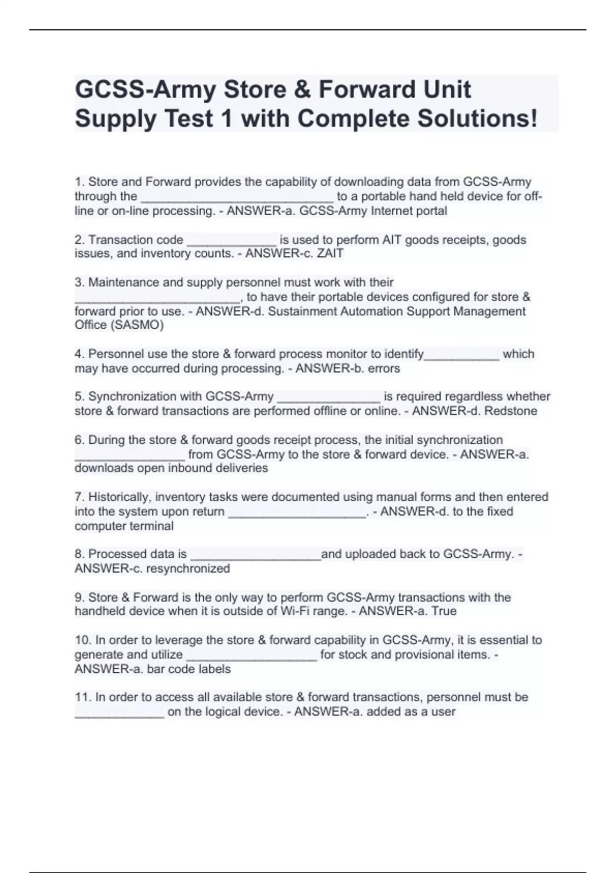 GCSS-Army Store & Forward Unit Supply Test 1 with Complete Solutions ...