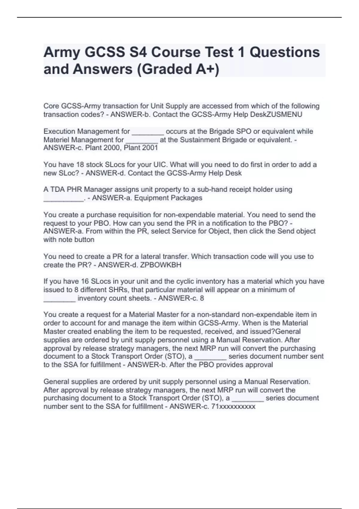 Army Gcss S4 Course Test 1 Questions And Answers Graded A Army Gcss S4 Stuvia Us