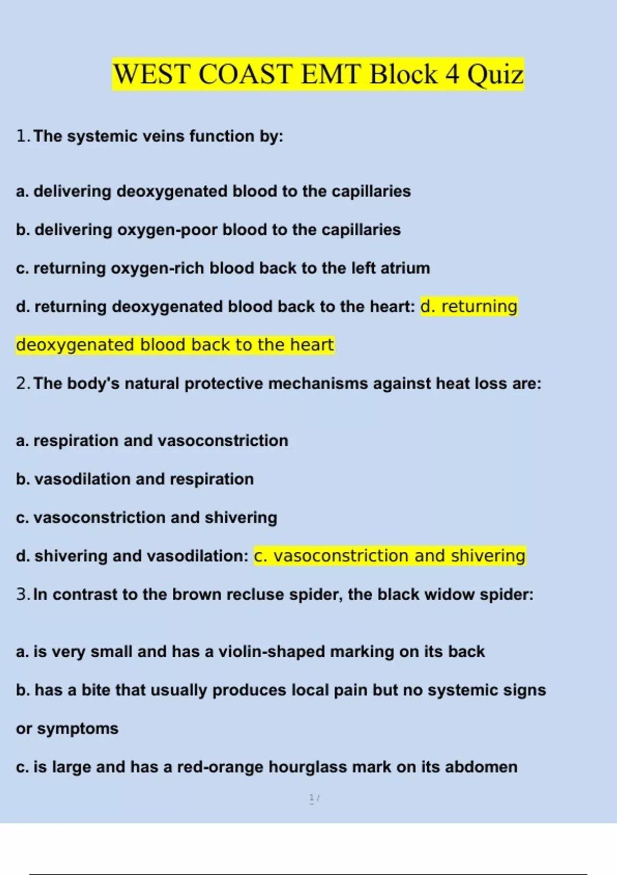 WEST COAST EMT Block 4 Quiz | Questions with 100% Correct Answers ...