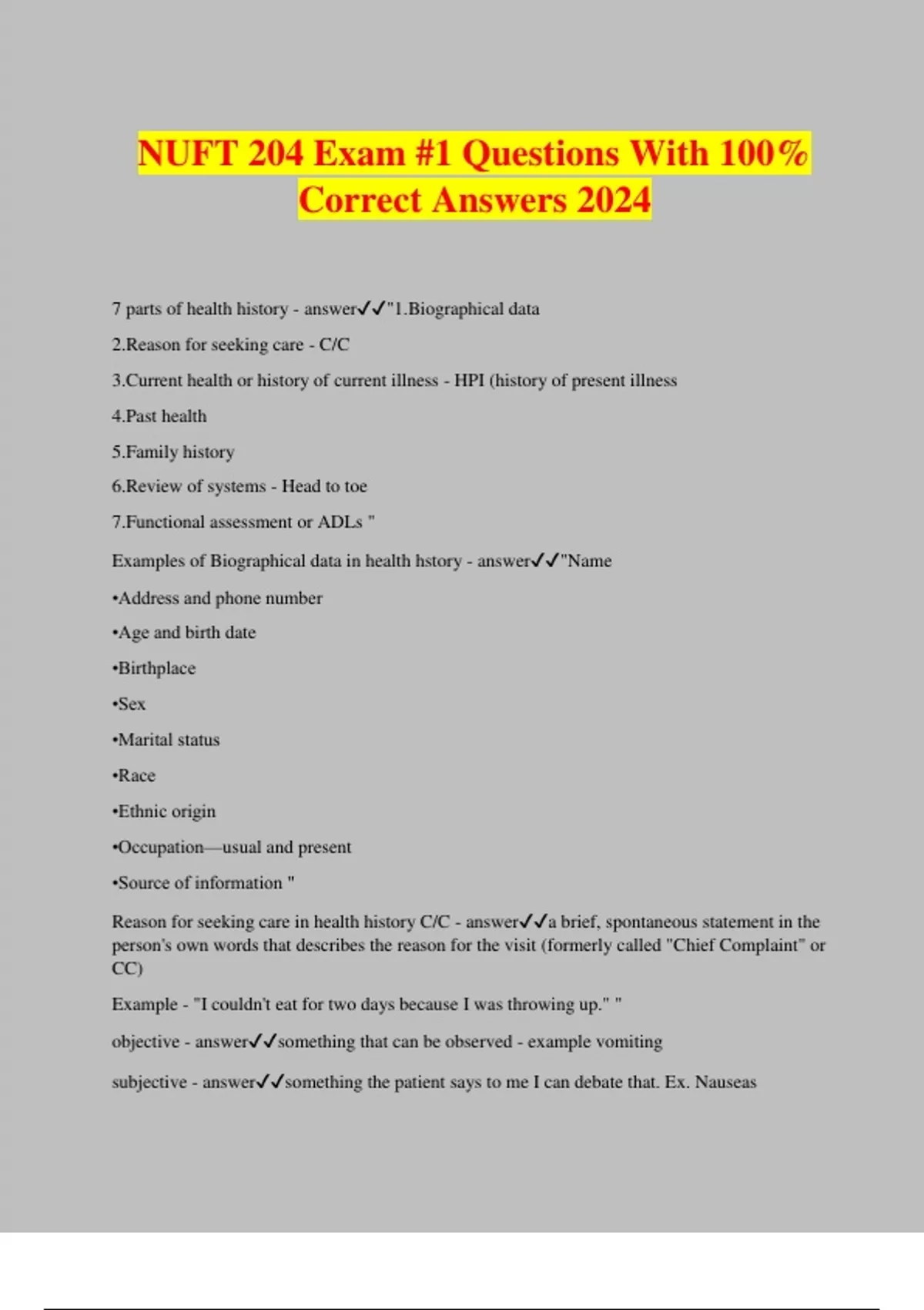 NUFT 204 Exam #1 Questions With 100% Correct Answers 2024 - NUFT 204 - Stuvia US