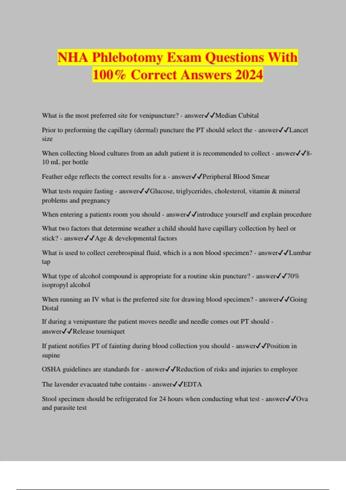 NHA Phlebotomy Exam Questions With 100% Correct Answers 2024 - Phlebotomy - Stuvia US