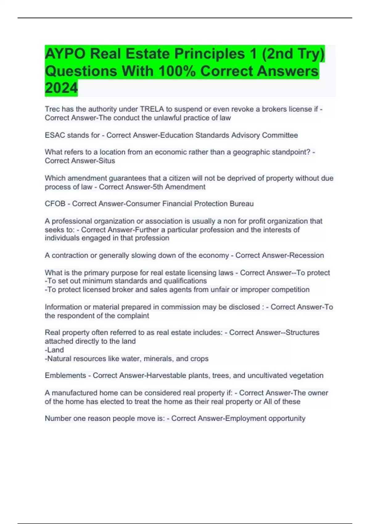 AYPO Real Estate Principles 1 (2nd Try) Questions With 100% Correct ...