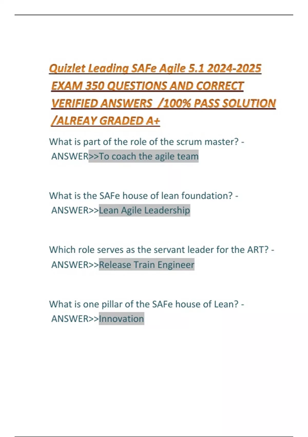 SAfe Agile Test EXAM QUESTIONS AND CORRECT VERIFIED ANSWERS /100% PASS ...