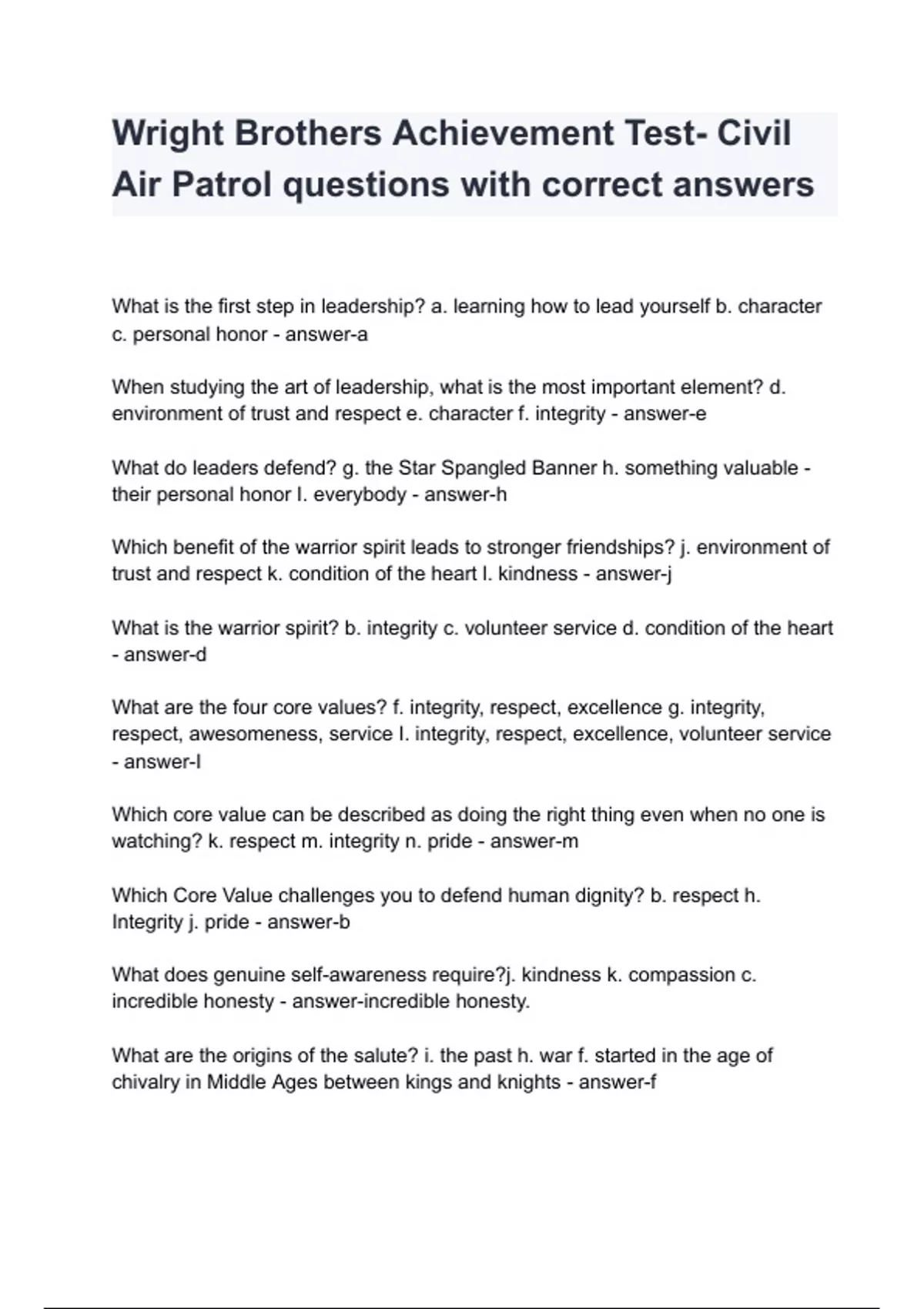 Wright Brothers Achievement Test- Civil Air Patrol questions with ...