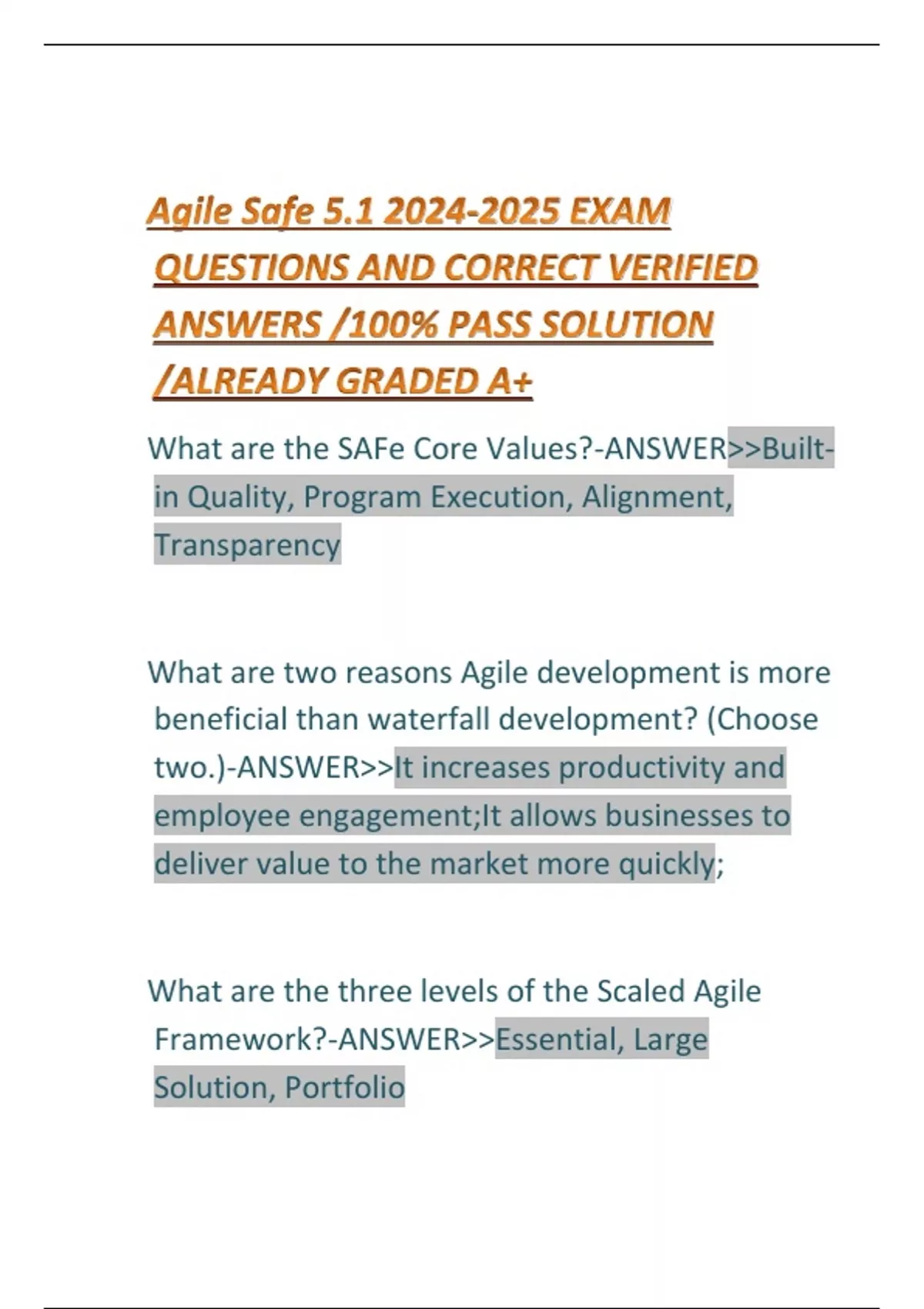 Agile Safe 5 Exam Questions And Correct Verified Answers 100 Pass Solution Already Graded A