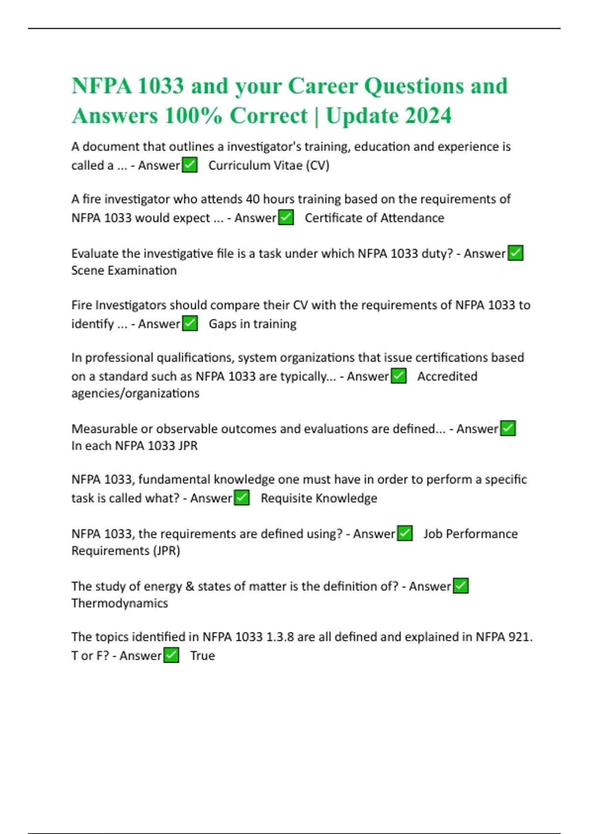 NFPA 1033 and your Career Questions and Answers 100% Correct | Update ...