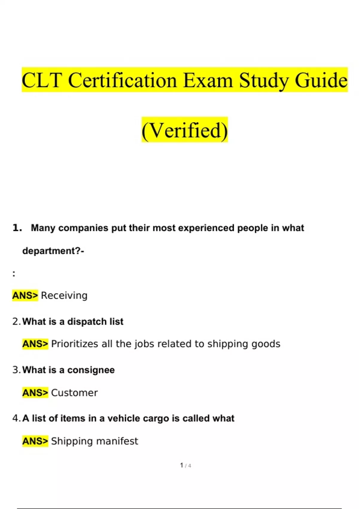 CLT Certification Exam Study Guide Questions and Answers 2024 / 2025 | 100% Verified Answers ...