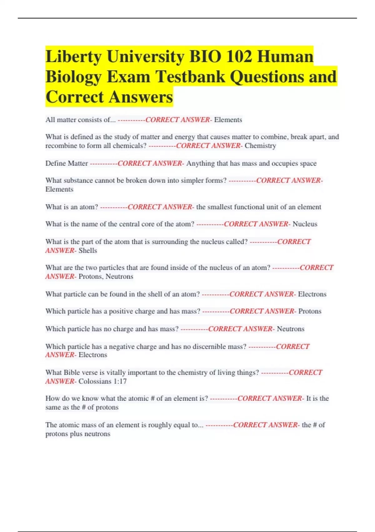 Liberty University BIO 102 Human Biology Exam Testbank Questions and ...